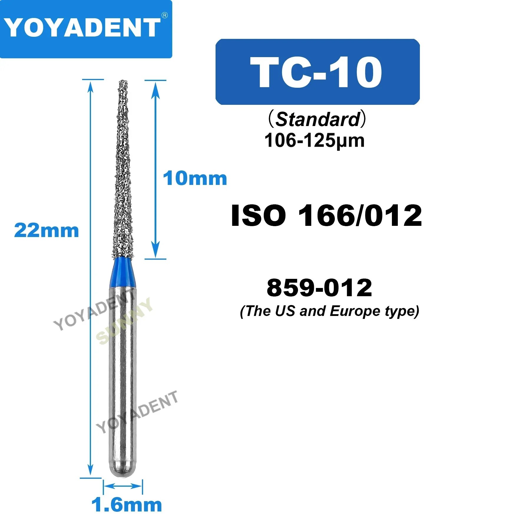 YOYADENT Алмазный бур TC-10 1.6 мм, 10 шт