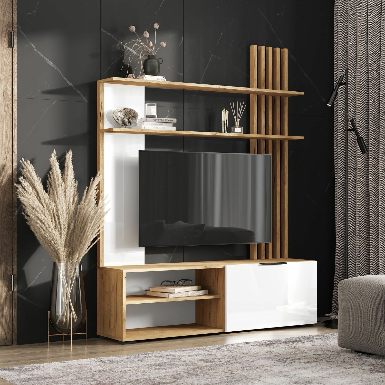 Гостиная стенка Роджина, мебель под телевизор с полками и дверцей, 140х181х35 см, Белый глянец / Дуб крафт золотой