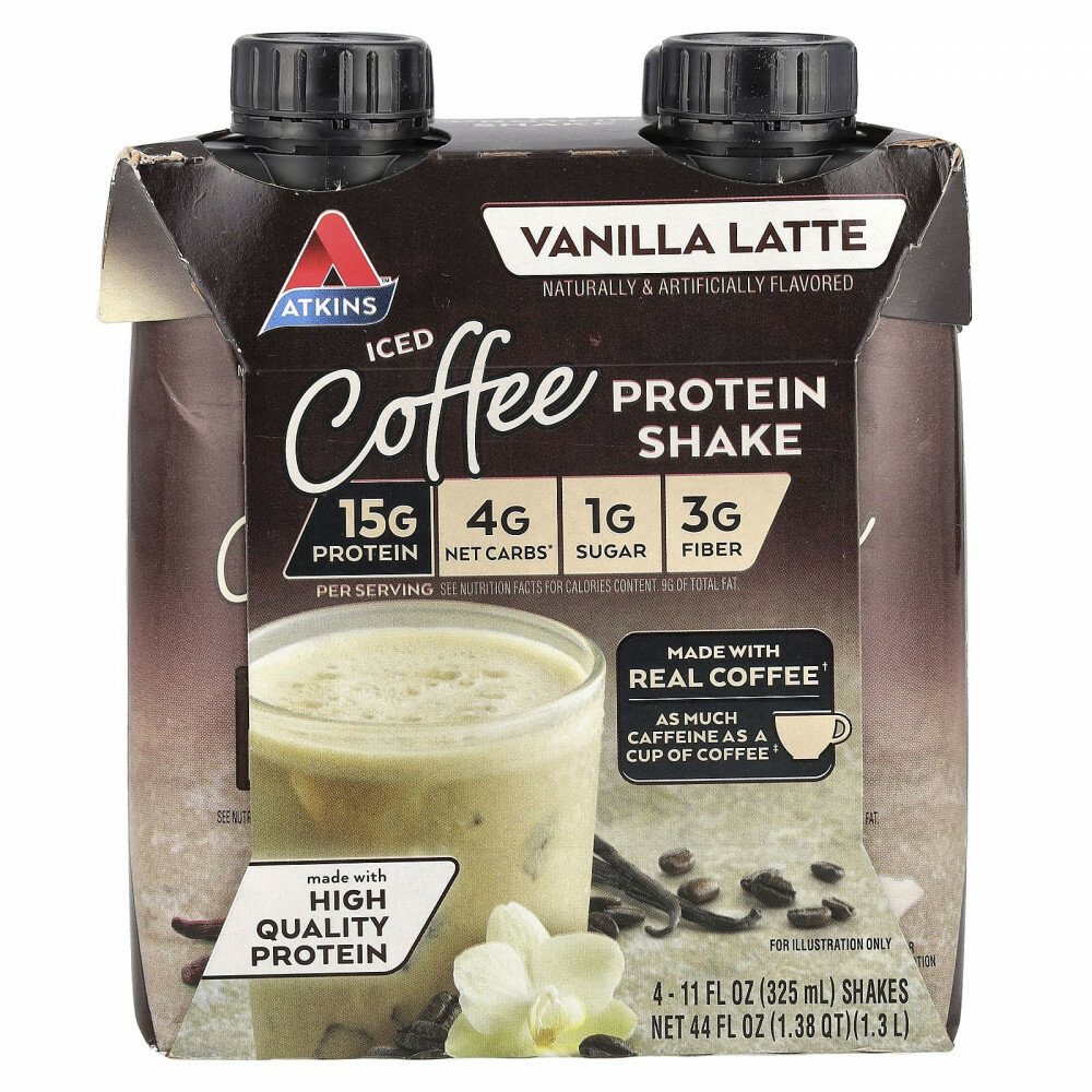 Atkins, Кофейный протеиновый коктейль со льдом, ванильный латте, 4 коктейля, 325 мл (11 жидк. унц.)