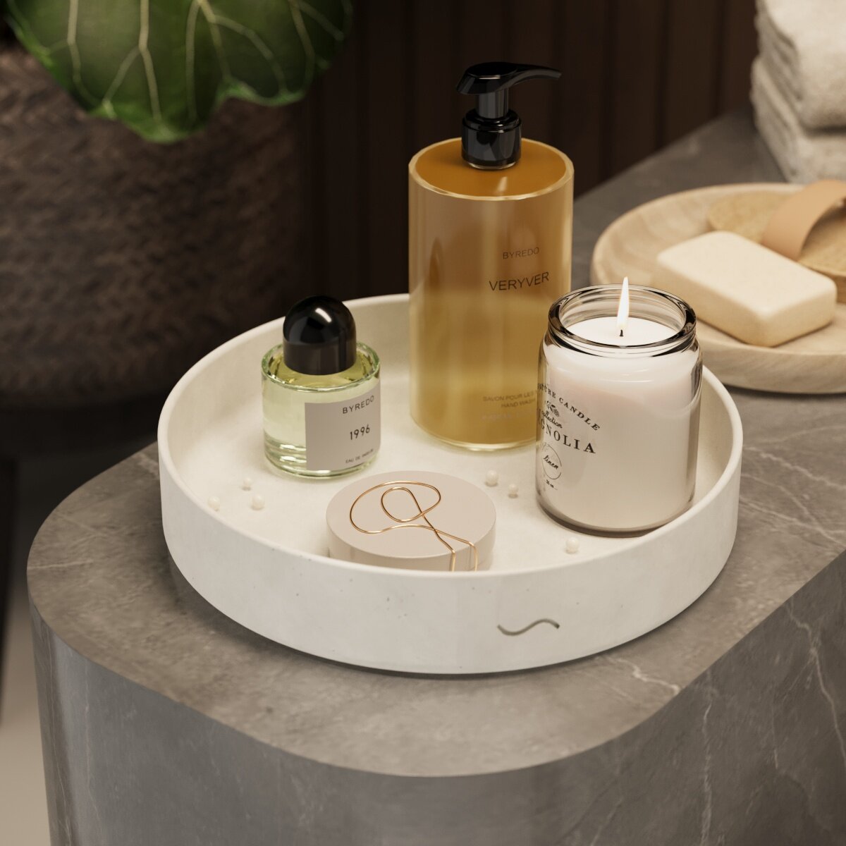 Декоративный поднос для ванной, подставка для косметики Astrid High L, 25x5см, бетон, белый матовый