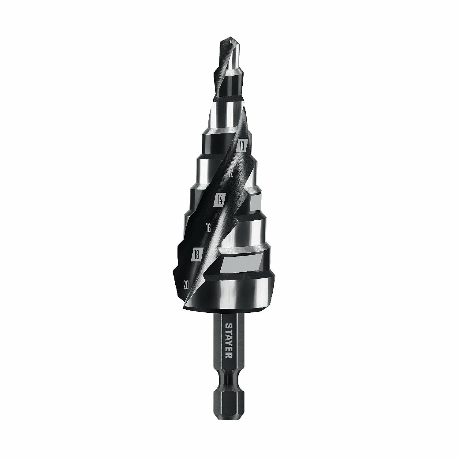 Ступенчатое сверло STAYER Pro-Max 4-20 мм 9 ступеней винтовая спираль шестигранный хвостовик 1/4 дюйма
