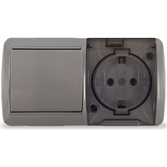 Блок Universal ОП Клио 1-кл. выкл. 10А + розетка 1-м 16А 250В с заземл. с прозр. крышкой сер. К2237-Gr
