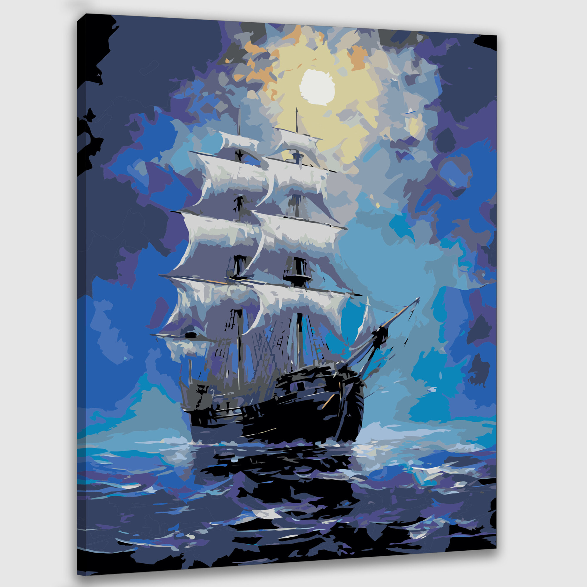 Картина по номерам 40x50 см, картина маслом, парусный корабль, ночь, звездное небо, полная луна, вздымающиеся паруса