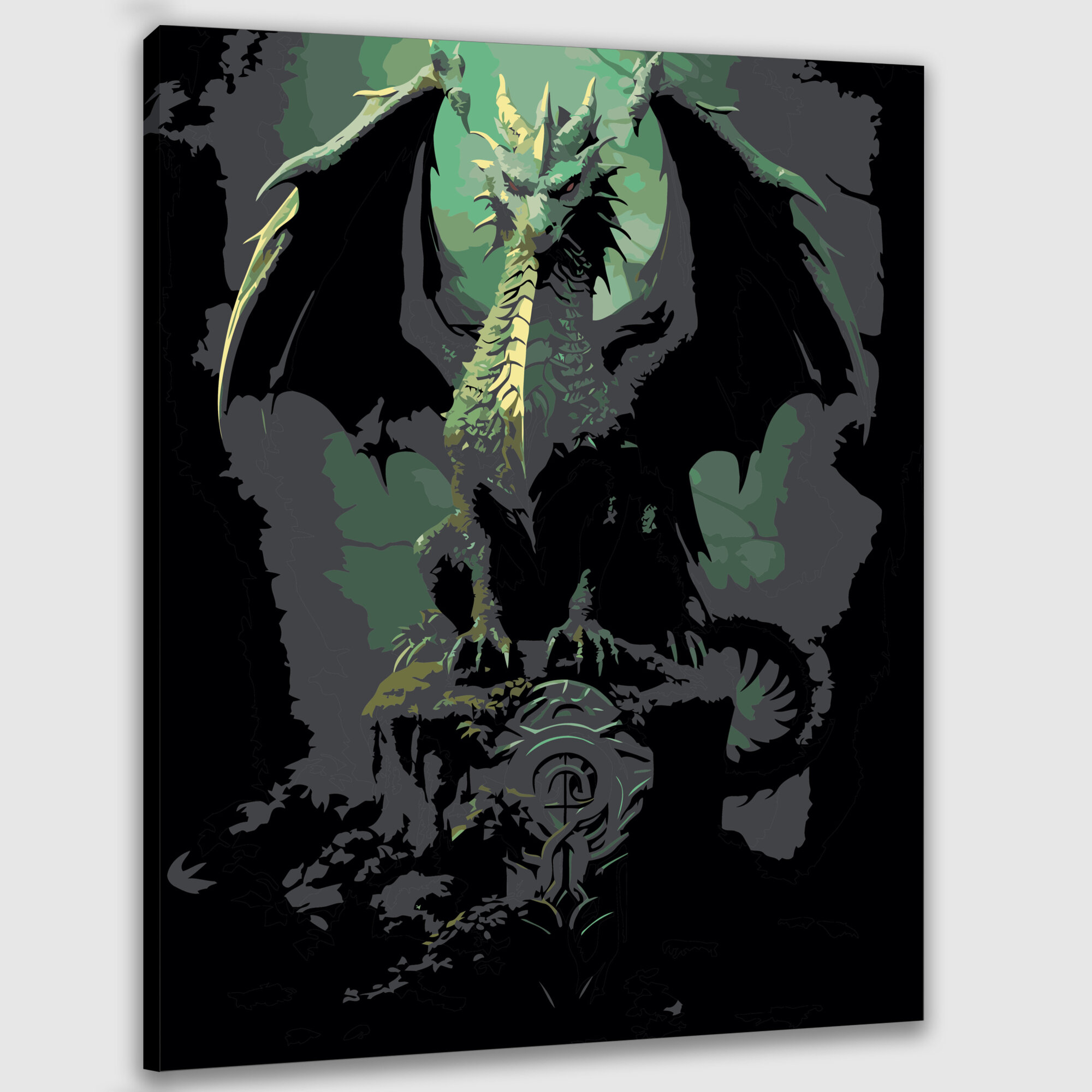 Картина по номерам 40x50 см, зеленый дракон, изумрудные оттенки, каменный пьедестал, заколдованный лес