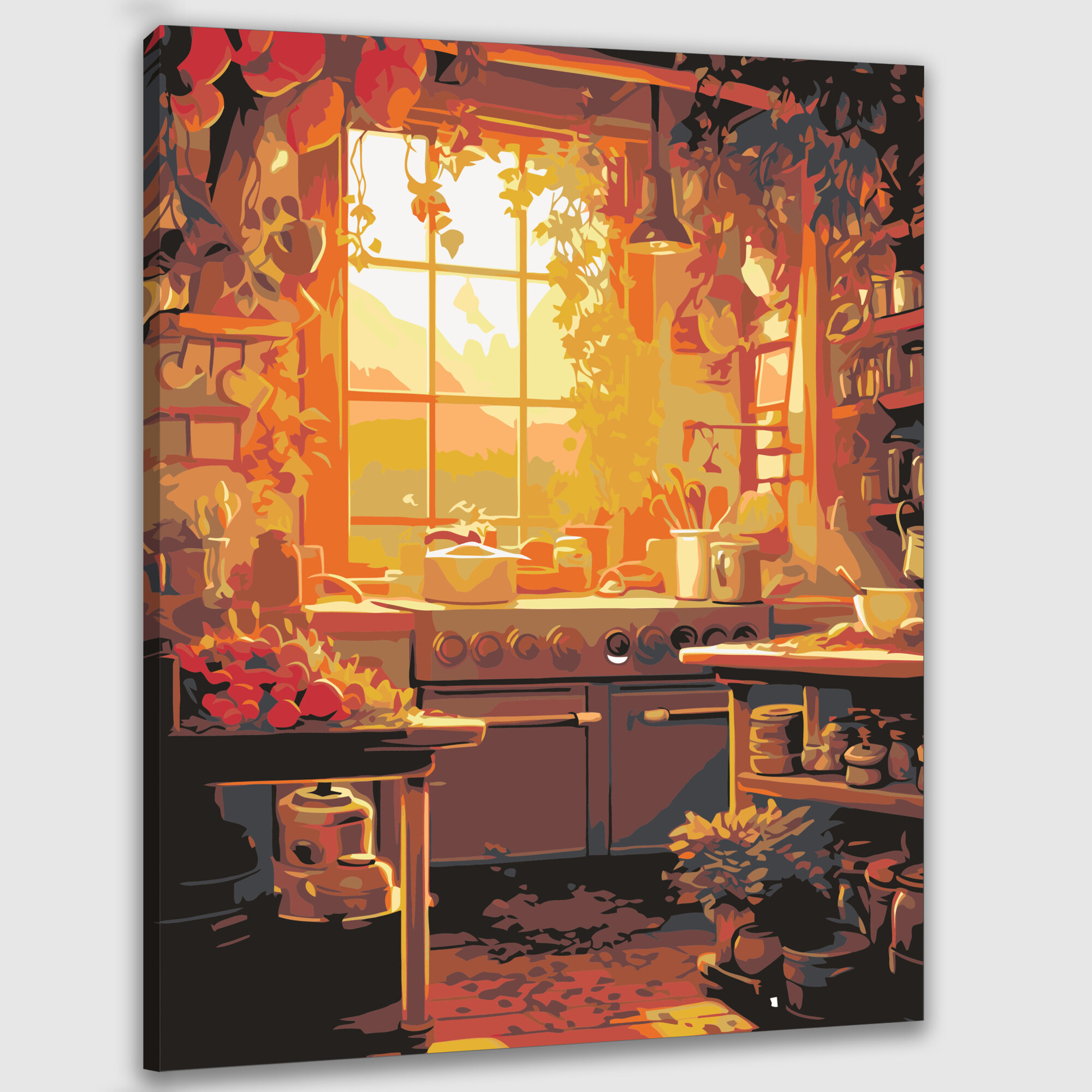 Картина по номерам 40x50 см, цифровая иллюстрация, уютная кухня, ароматные ингредиенты, золотистый свет