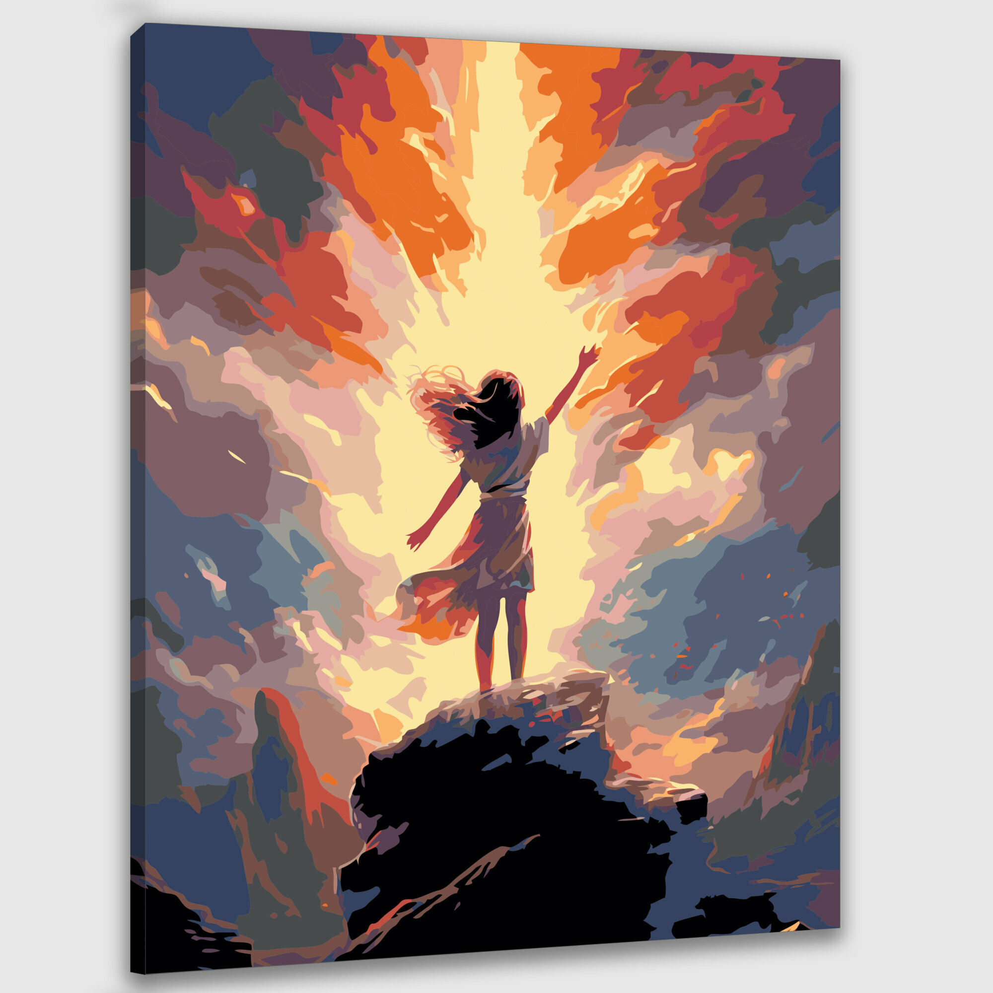 Картина по номерам 40x50 см, молодая девушка, утес, руки вверх, обращение к небу, кружащиеся волны, яркие цвета