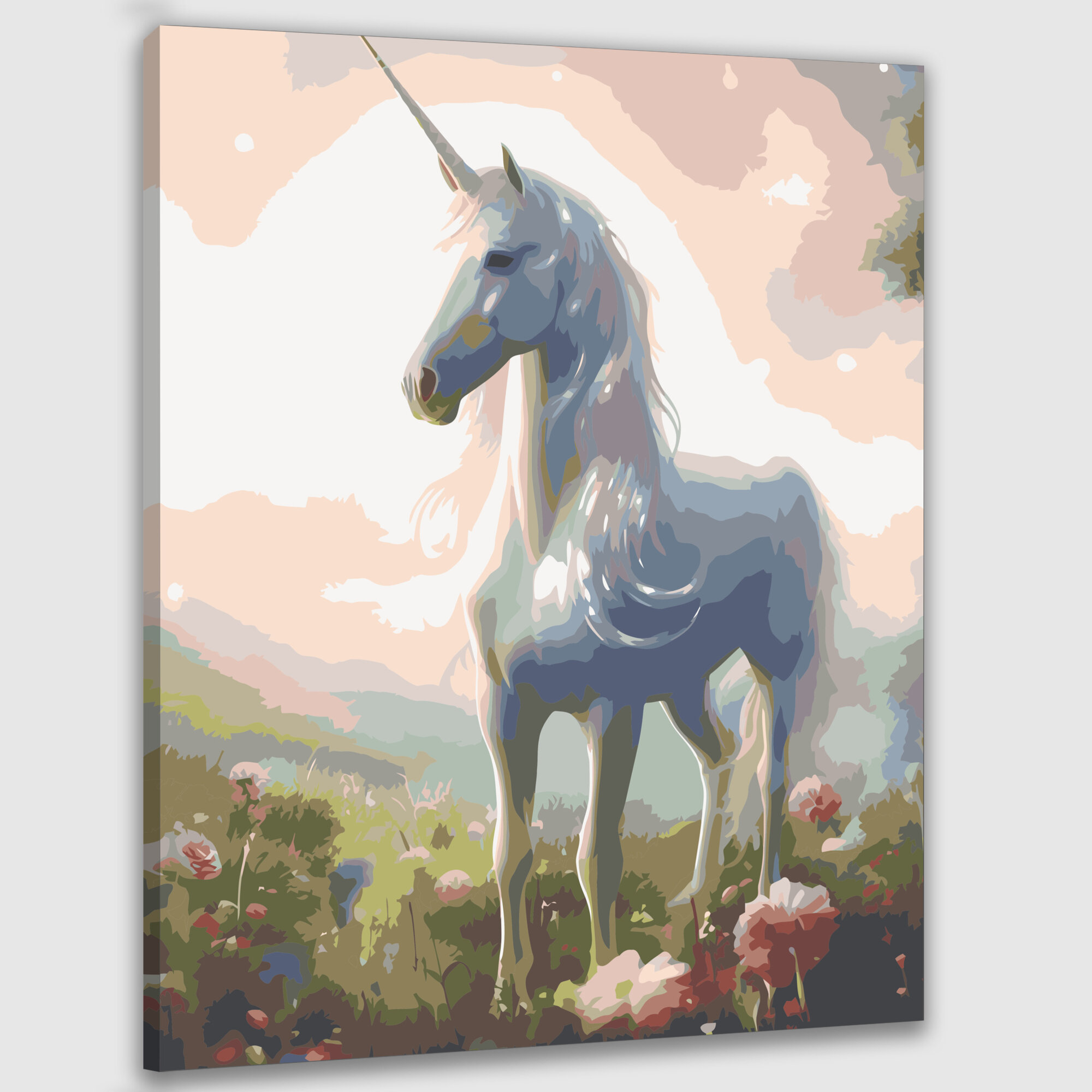 Картина по номерам 40x50 см, единорог, скачущий, луг, солнце, грива, хвост, оттенки, радуга, дождь, волшебная сцена