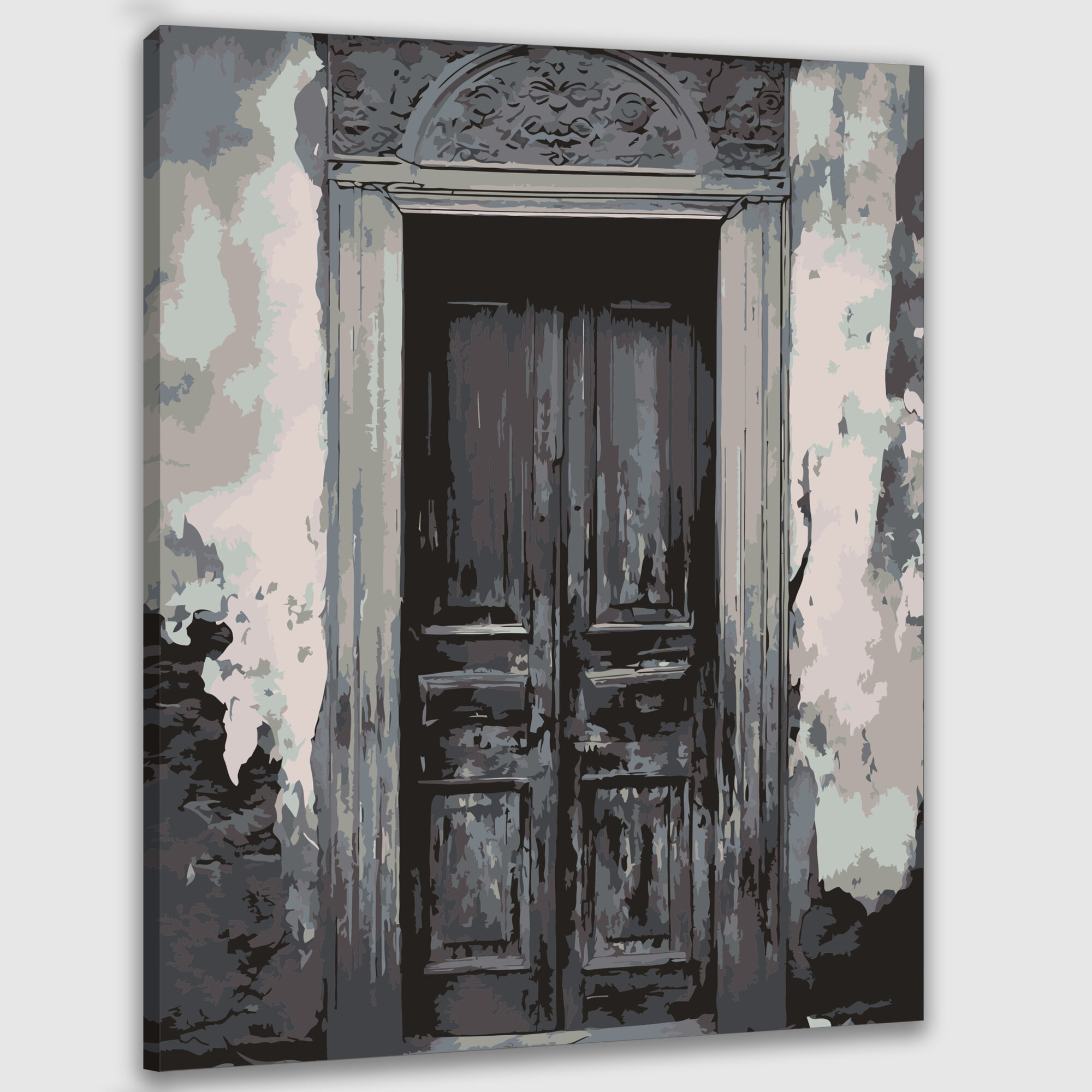 Картина по номерам 40x50 см, черно-белая фотография, старая дверь, обветшалая, полуразрушенное здание