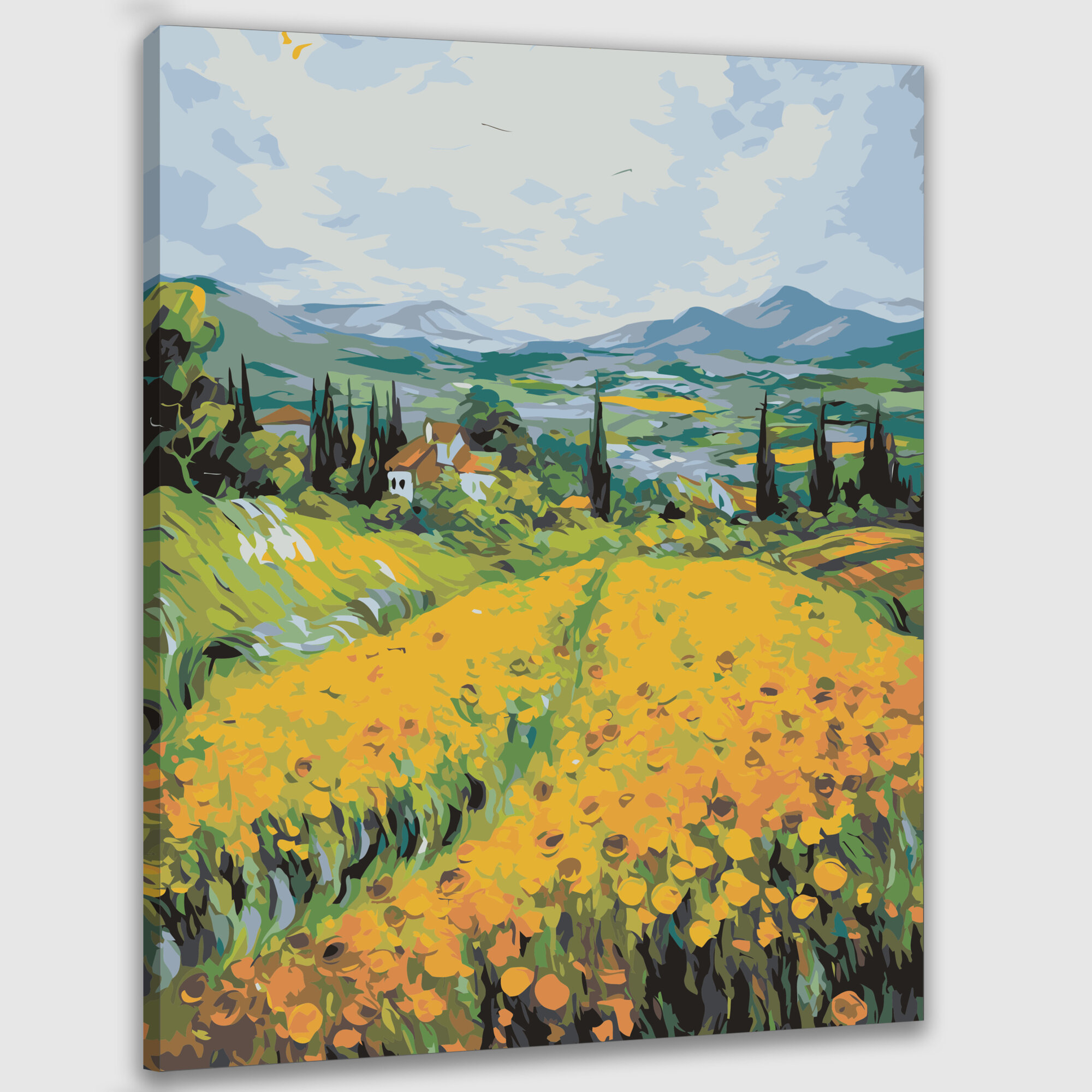Картина по номерам 40x50 см, картина, пейзаж, Ван Гог, подсолнухи, цвет, золотистый, небо, облака, солнце, холмы, стиль