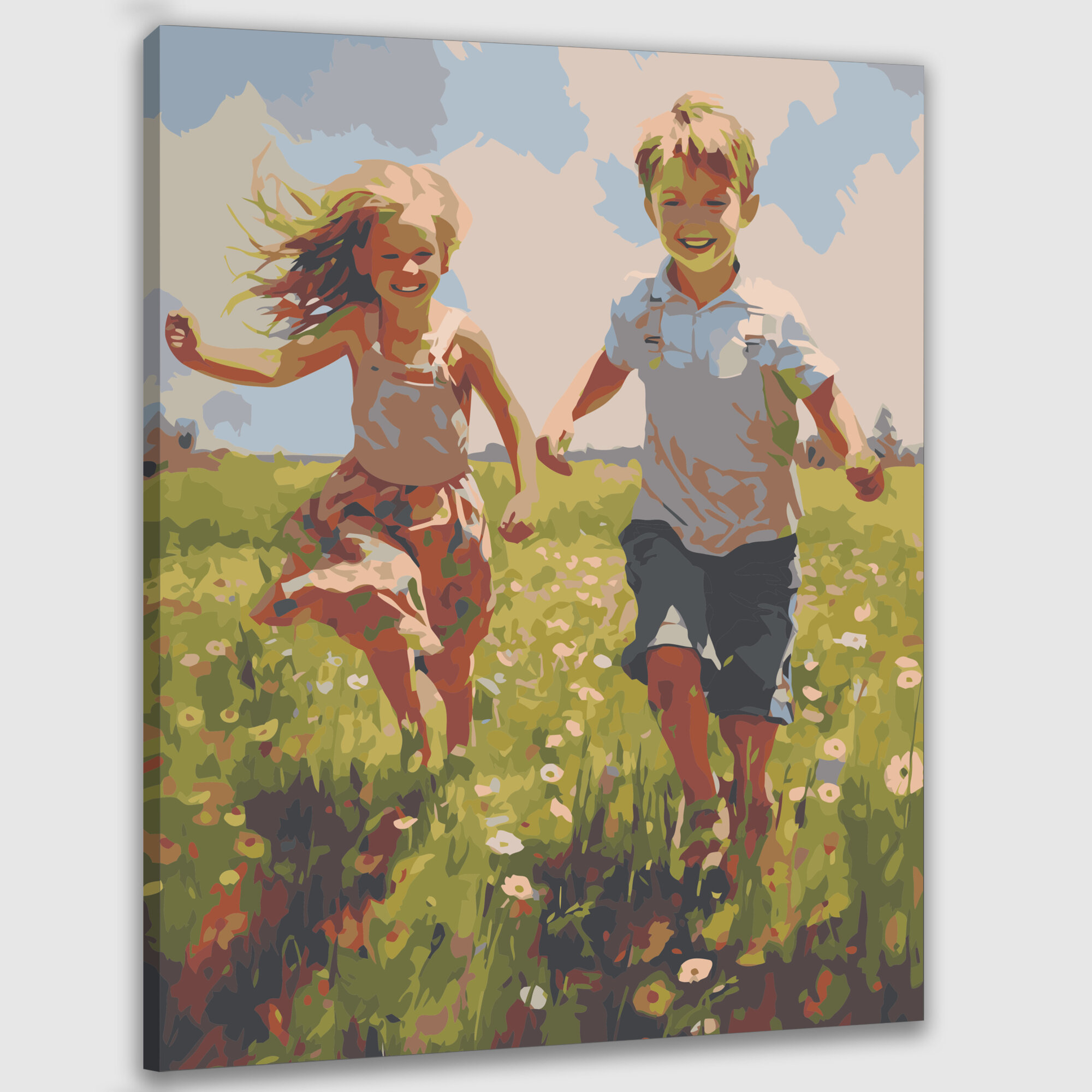 Картина по номерам 40x50 см, яркая, картина маслом, дети, радость, смех, игра, залитый солнцем луг