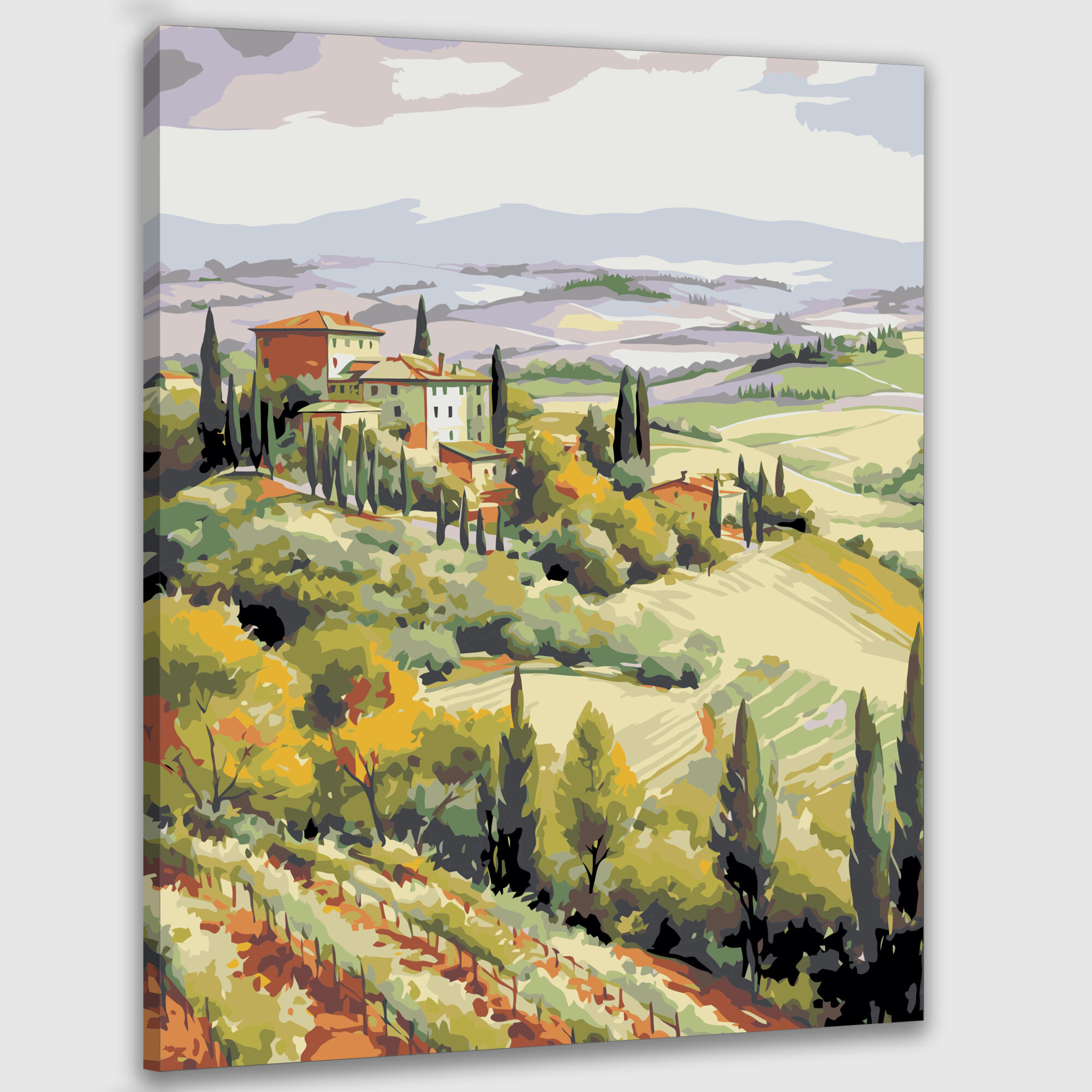Картина по номерам 40x50 см, акварельный рисунок, сельская местность, Тоскана, холмы, виноградники, кипарисы, тени