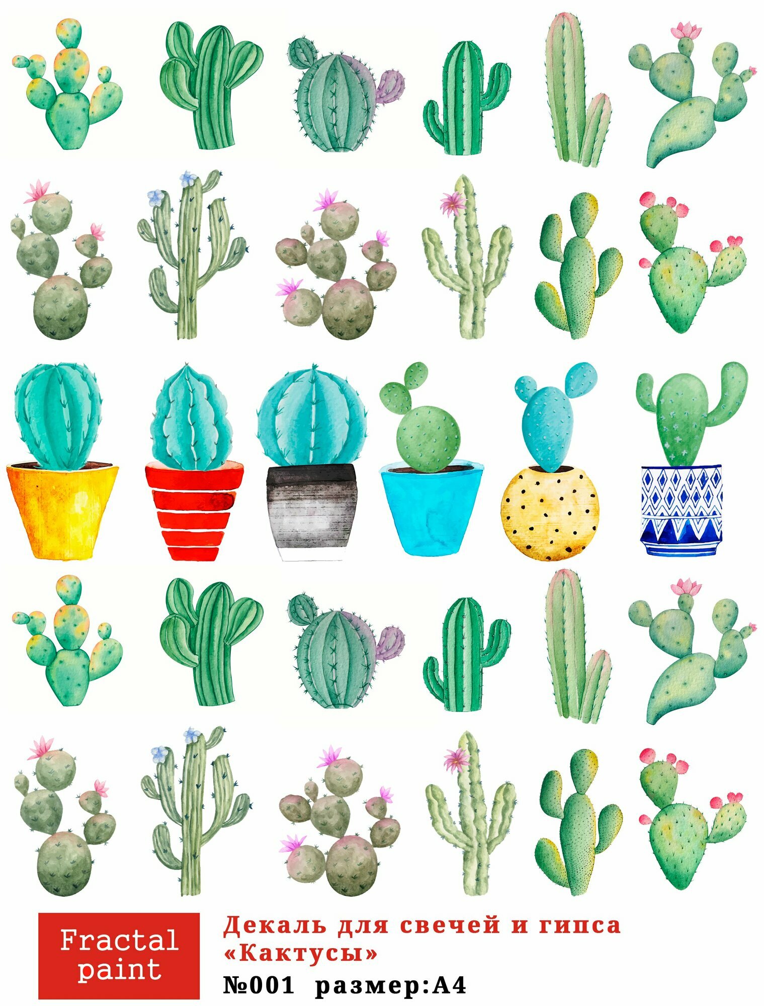 Трансфер для декупажа, декали для свечей и гипса кактусы 001 (А4)