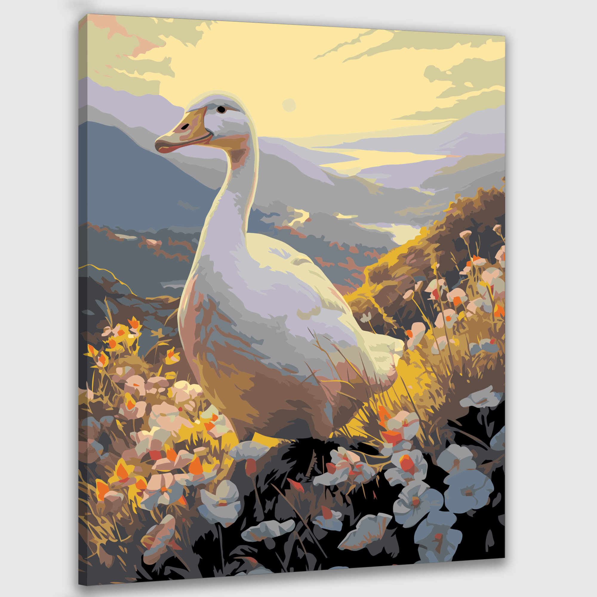 Картина по номерам 40x50 см, картина, масло, гусь, перья, закат, пейзаж, холмы, цветы