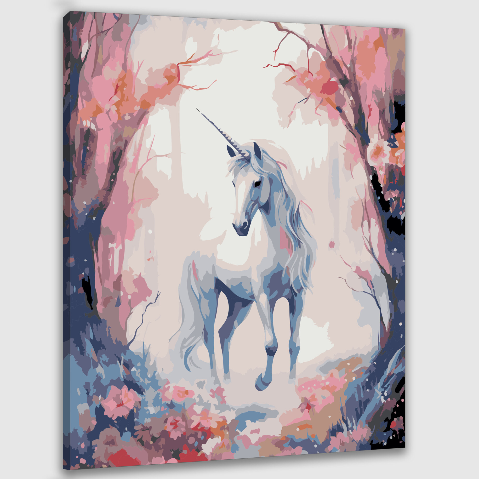 Картина по номерам 40x50 см, единорог, акварель, сказочный, галоп, лес, радуга, грива, рог, свет, флора, цветы, деревья