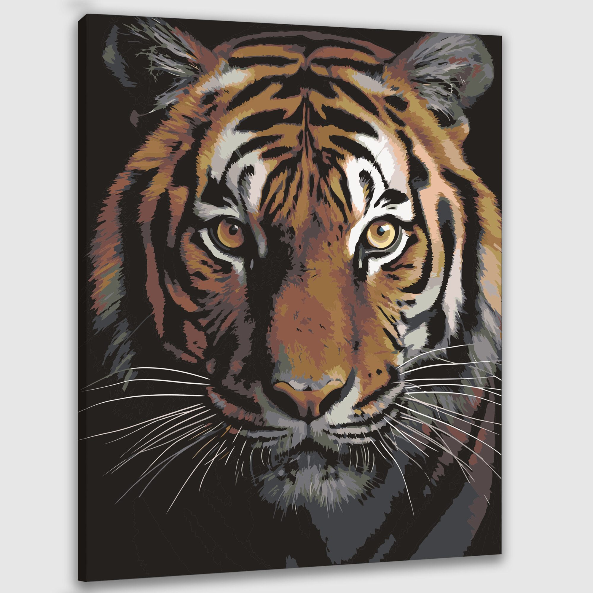 Картина по номерам 40x50 см, фотография, тигр, взгляд, глаза, мех, усы, темный фон, мощь, обрамление, напряженность