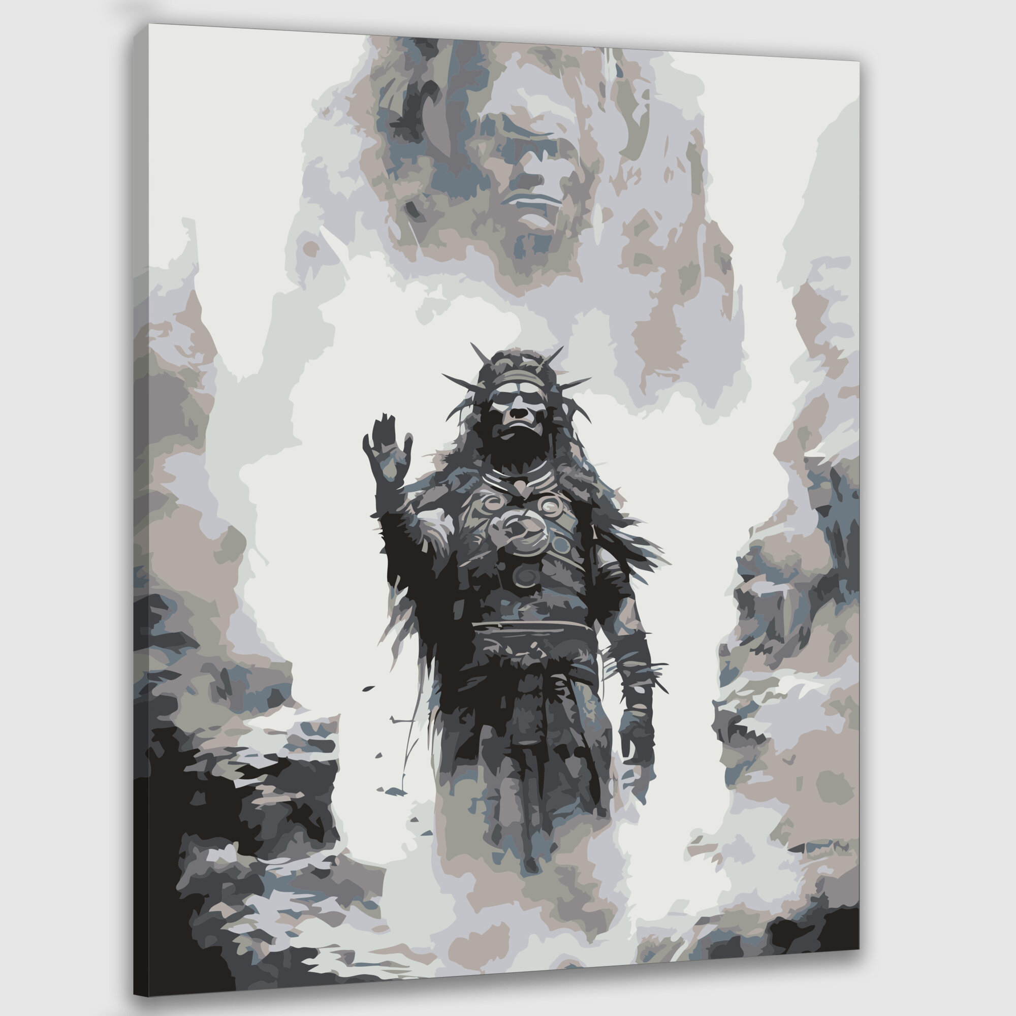 Картина по номерам 40x50 см, мудрый шаман, тушь, скалистый утес, древние руины, туман, мистическая аура