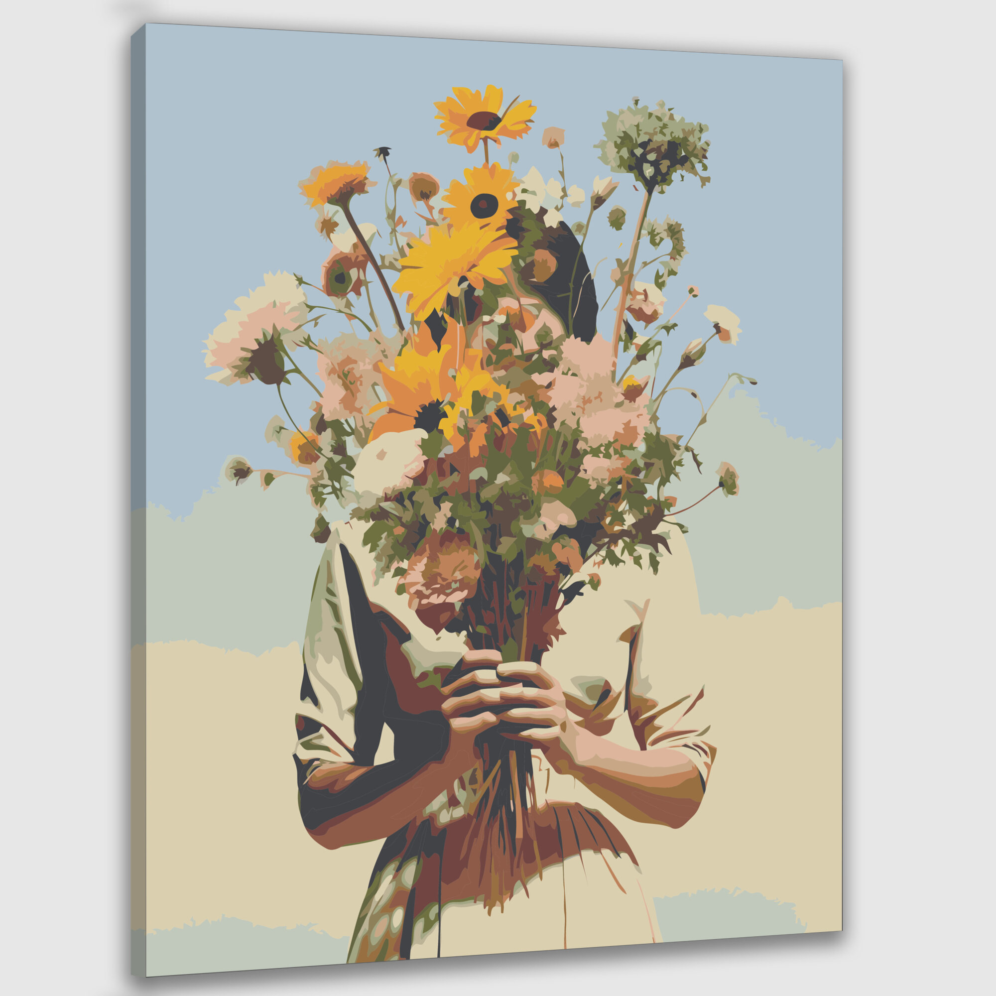 Картина по номерам 40x50 см, женщина, фотография, высокое разрешение, солнце, луг, букет, полевые цветы, яркие цвета