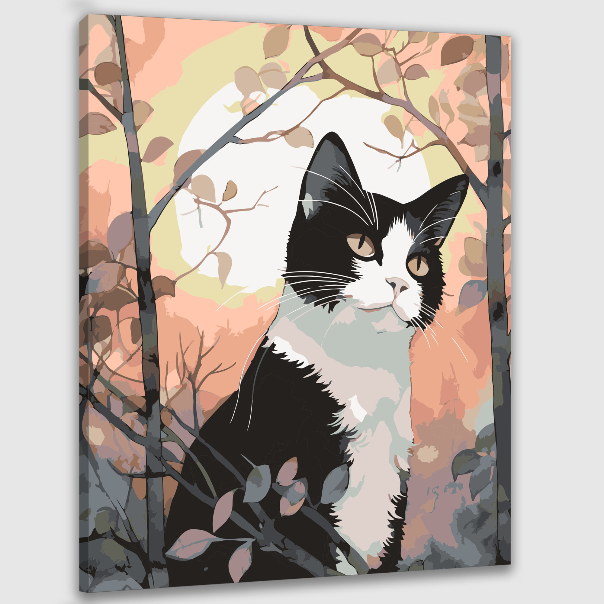 Картина по номерам 40x50 см, картина, рисунок, тушь, черно-белый кот, смокинг, ветка дерева, пробуждение, рассвет, мир