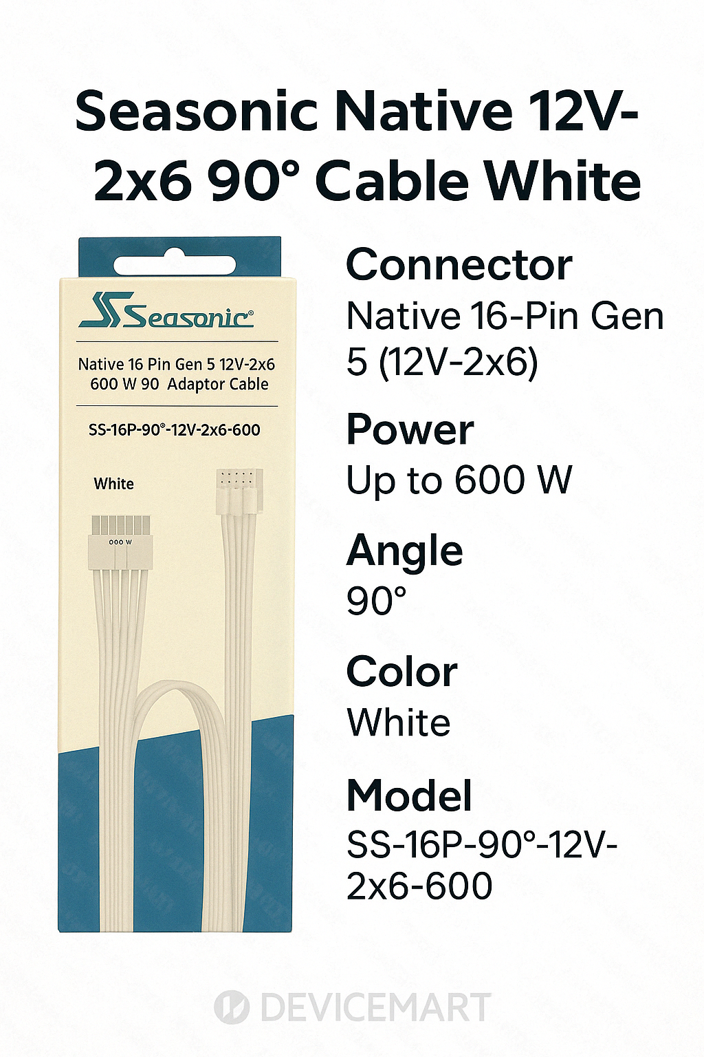 Кастомный универсальный кабель Г-образный 90 градусов SEASONIC atx3.1 Native 16-pin Gen5 12v-2*6 600 Вт Белый
