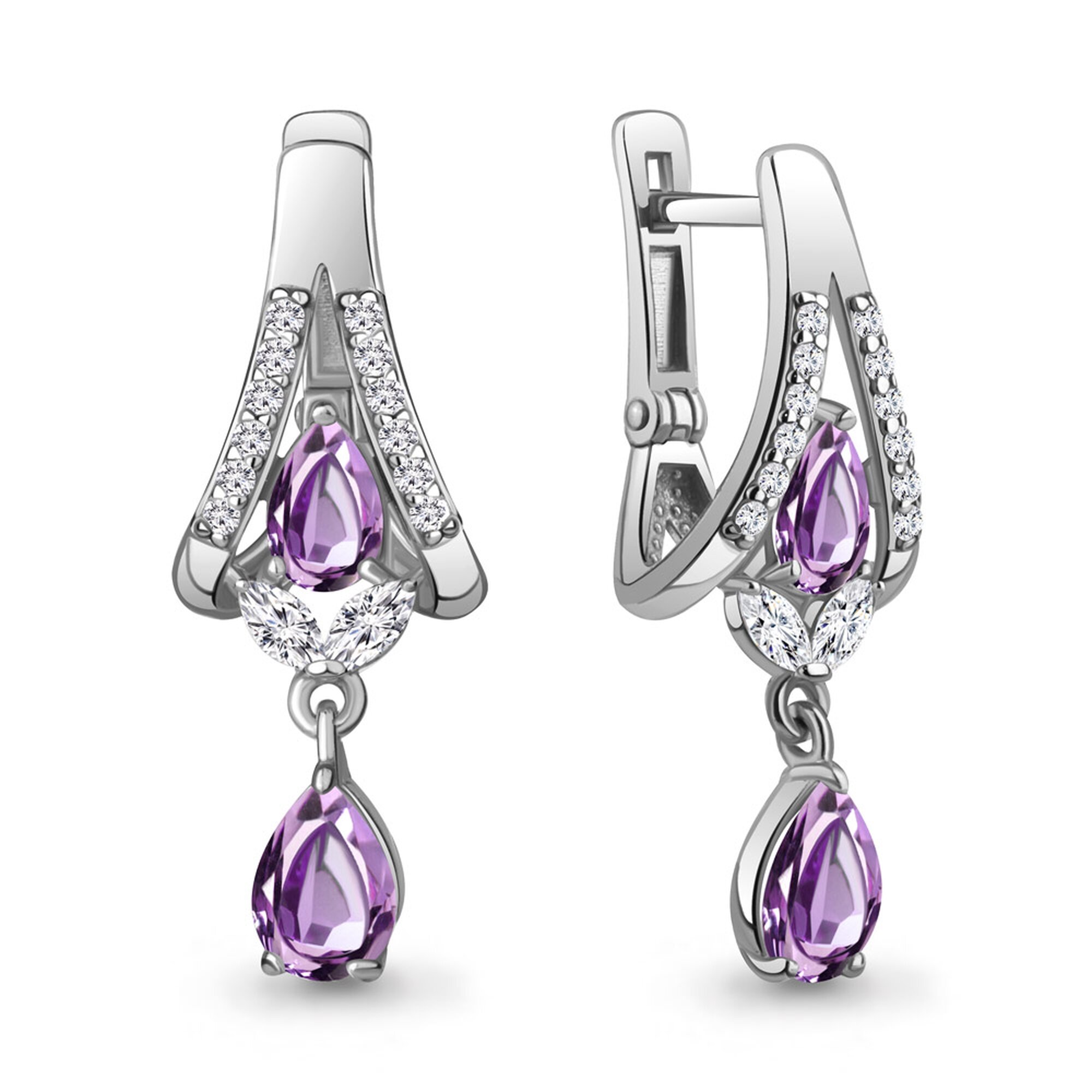 Серьги, серебро, 925 проба, родирование, фианит, аметист