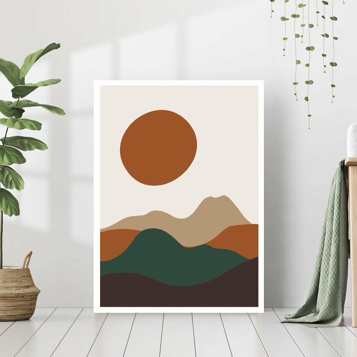 Постер "Солнце над горами бохо" 50x70 в белой рамке для интерьера на стену