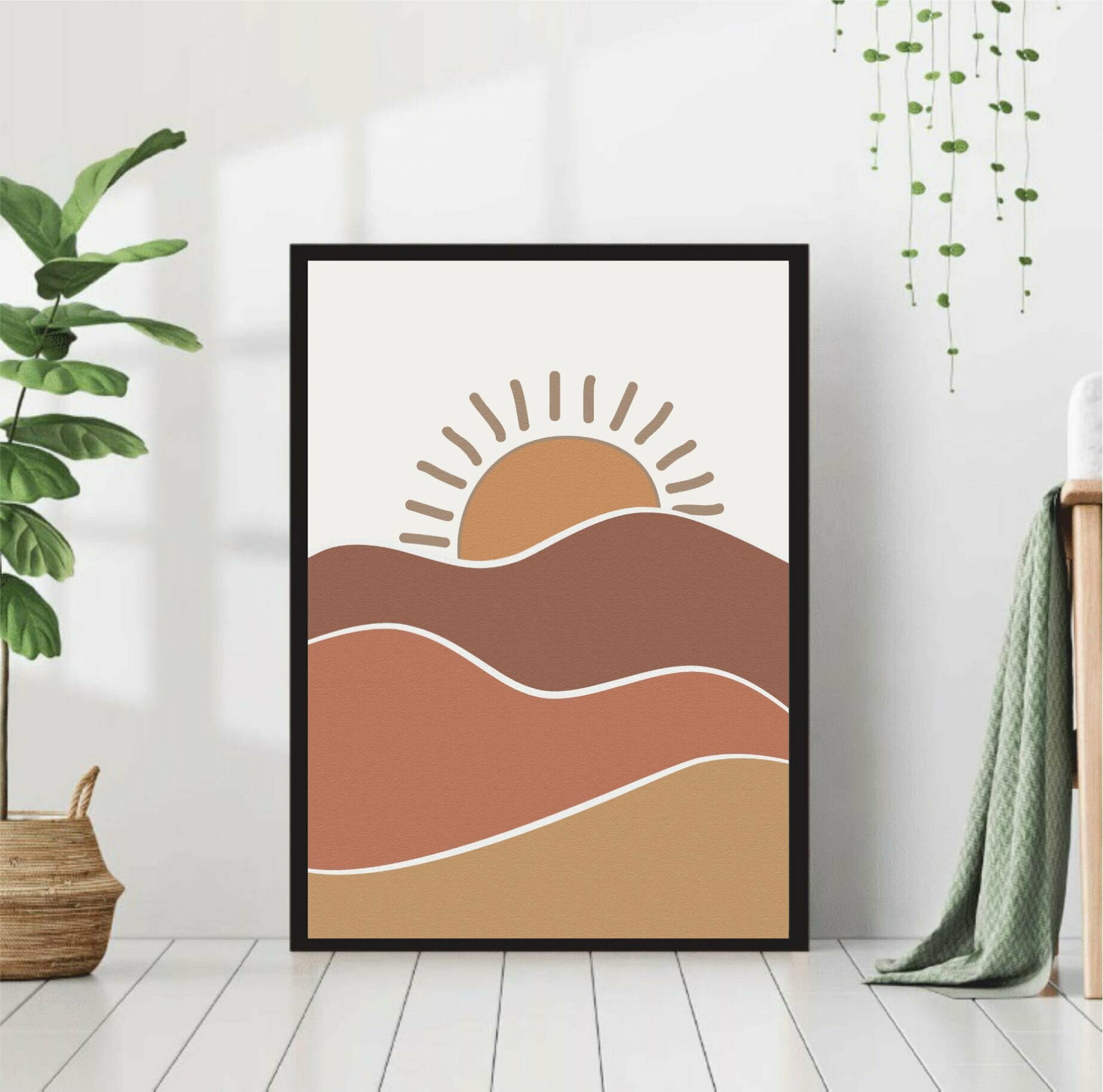 Постер "Минимализм, солнце за горами" 50x70 в черной рамке на стену для интерьера