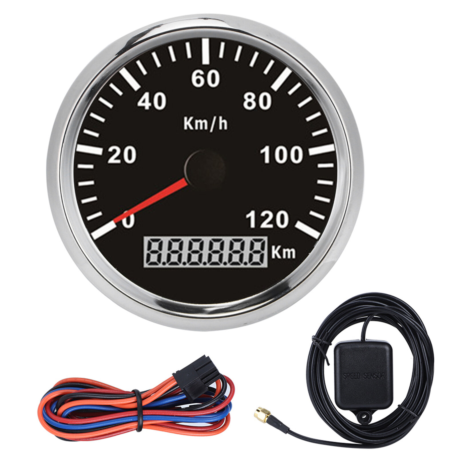 Универсальный GPS спидометр 85mm (3.3in), 0-120 км/ч для авто, лодки (сер. ободок, черн. циферблат)