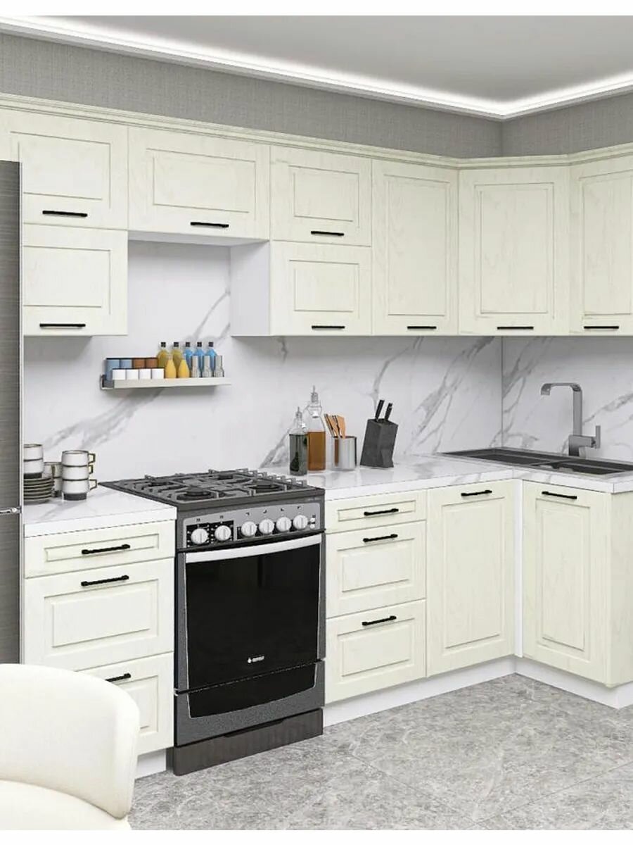 Кухонный гарнитур угловой Шервуд 2.7х1 м, мебель для дома и кухни, Белый / Дуб кремовый матовый