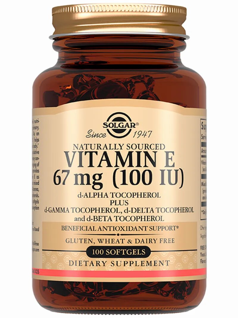Солгар Витамин E,100 ме, для сердечно-сосудистой системы, кожи, капсулы, №100