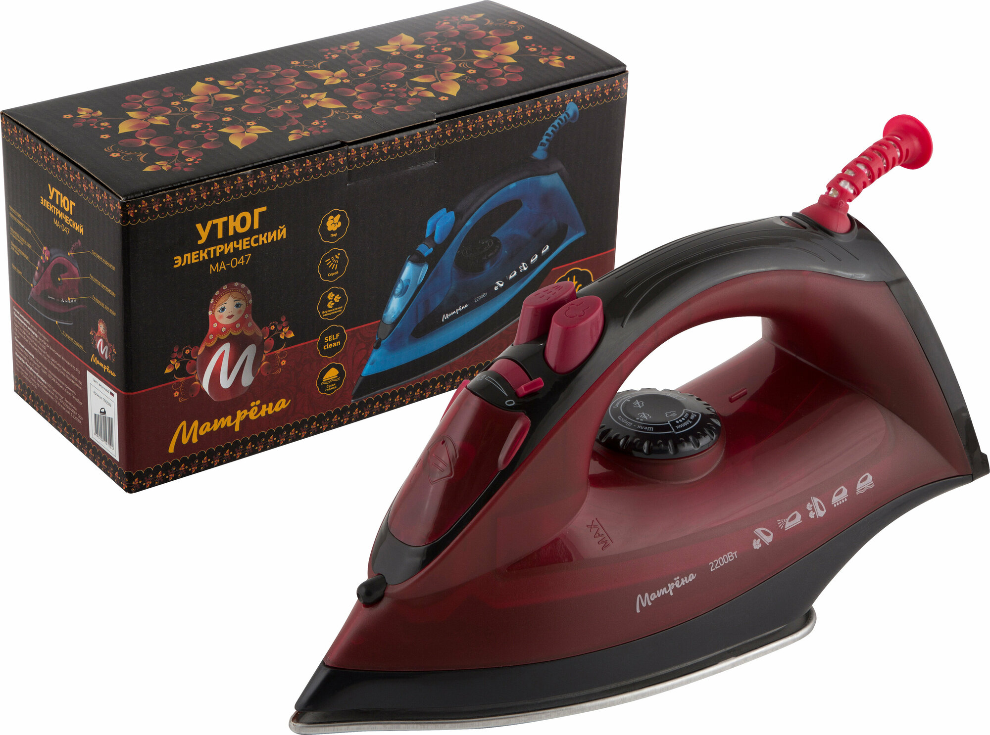 Утюг Матрёна MA-047 вишневый (2200Вт, пар, спрей, пар. удар, самооч, стальн. подошв)