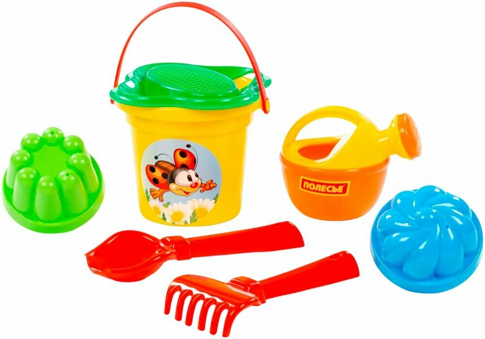 Песочный набор №238, в комплекте ведро, совок, грабли, 2 формочки, ситечко и лейка, детские пластиковые игрушки для песочницы