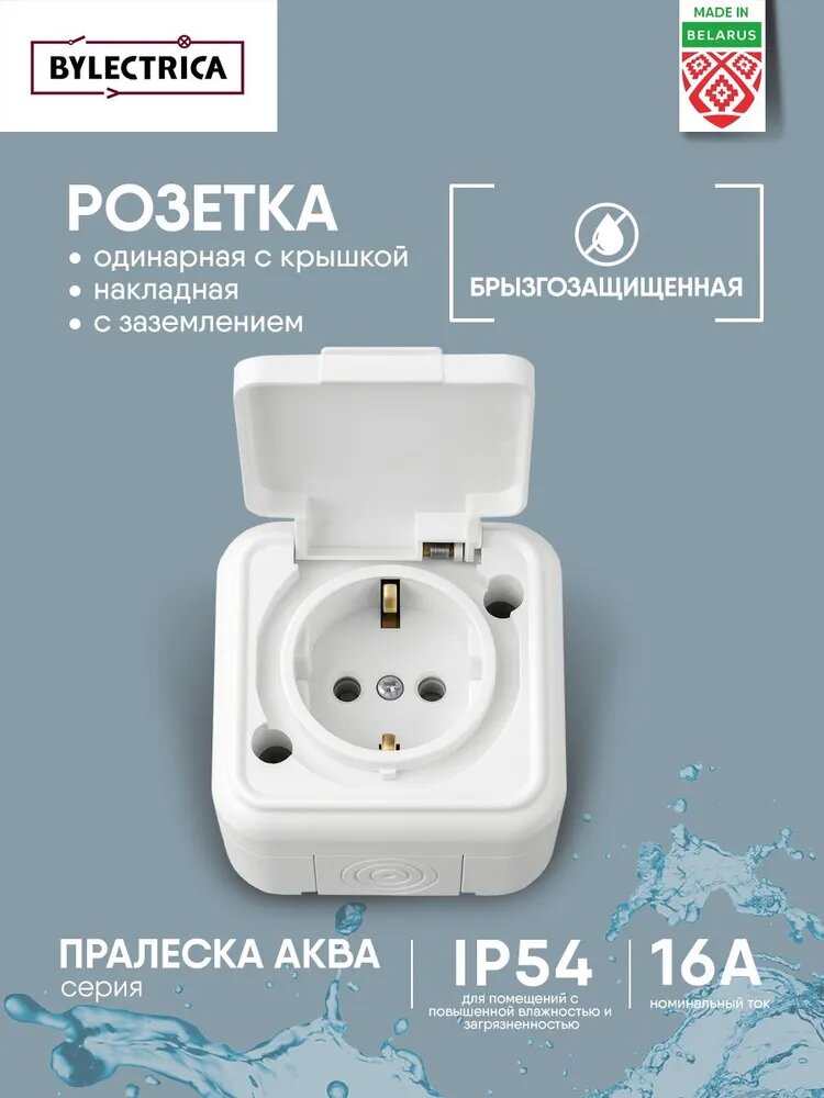 Розетка 1гн с З/К с крышкой, открытой установки, белый 16А IP54 Пралеска Bylectrica РА16-297