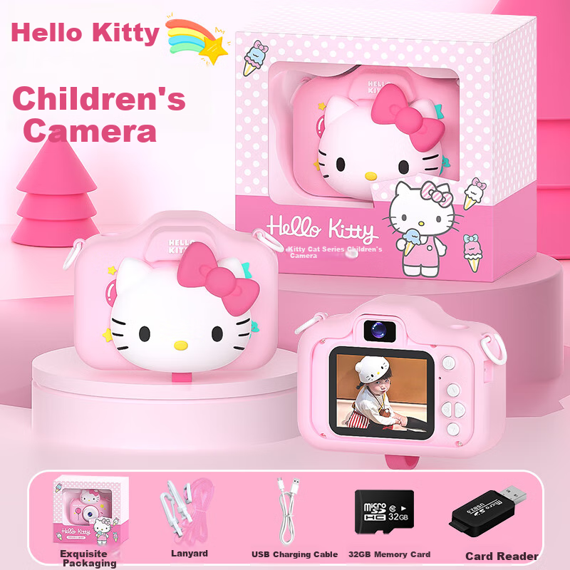 Цифровая камера Hello Kitty для детей 40 МП компактная камера для поездок и подарков Цвет：Двойная камера + карта памяти