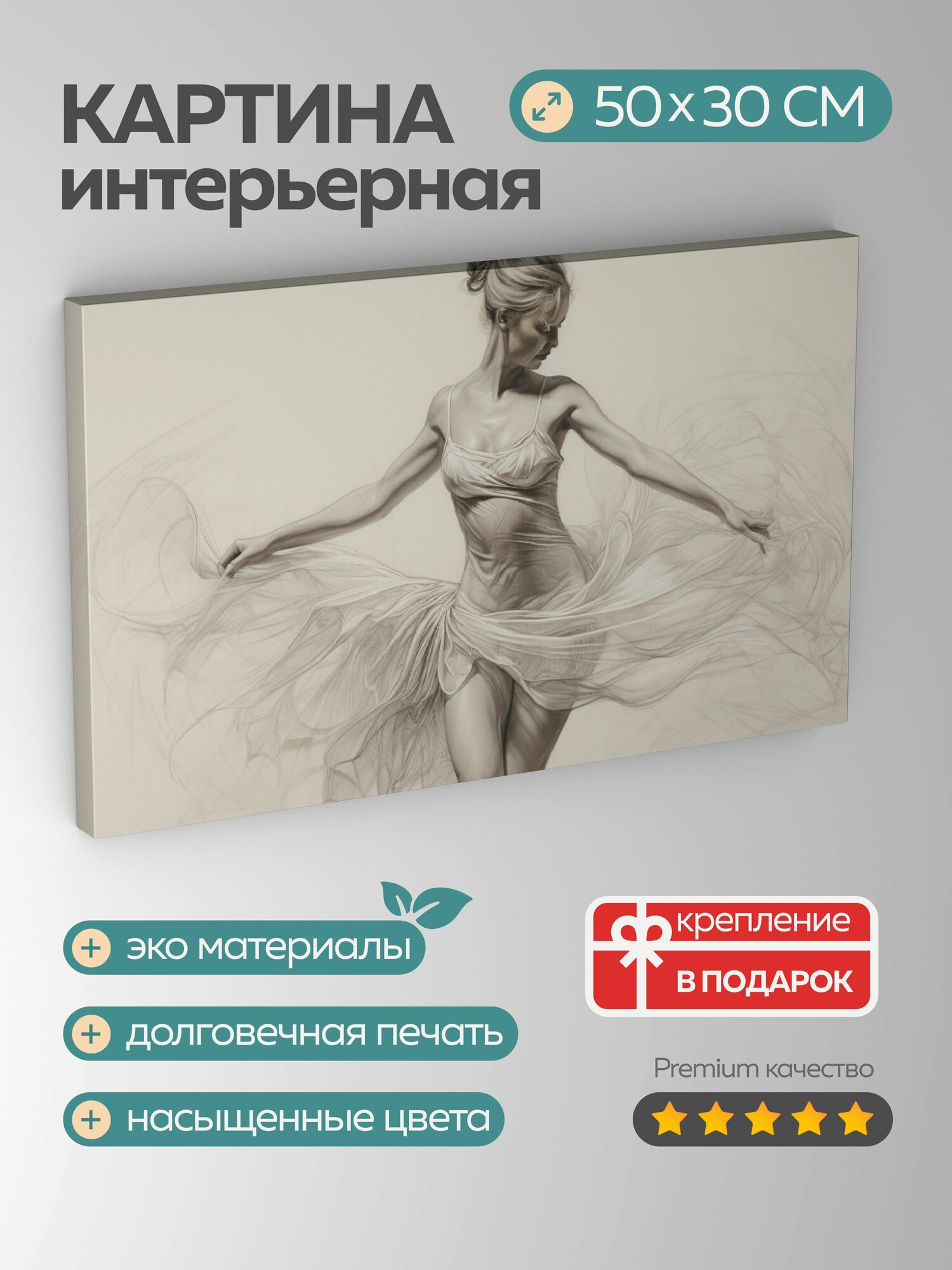 Картина на холсте интерьерная 50х30 см, балерина, движения, рисунок, линии, тень, прорисовка, плавность, грация