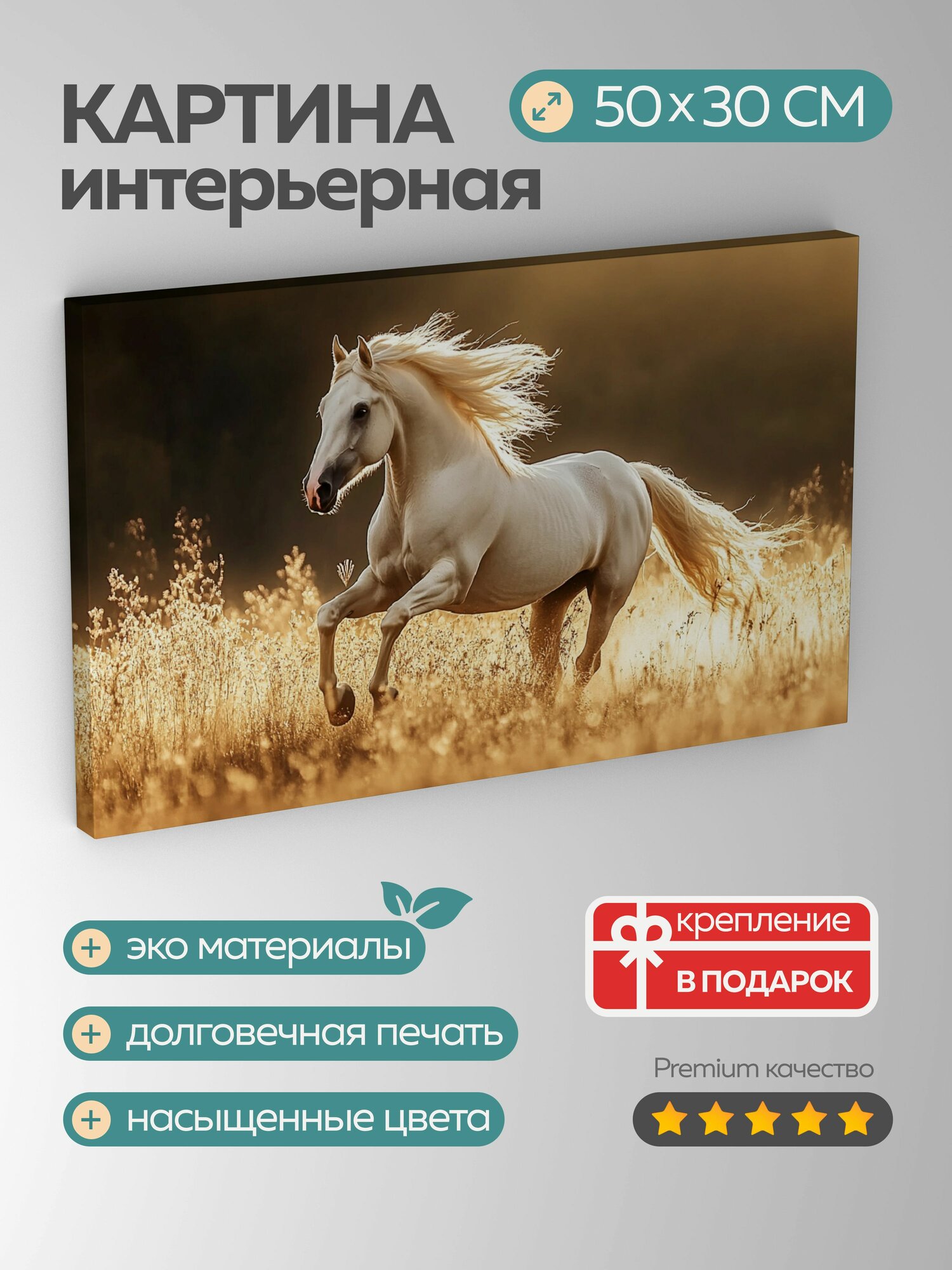 Картина на холсте интерьерная 50х30 см, лошадь, поле, трава, грива, ветерок, свет, солнце, свобода, белый