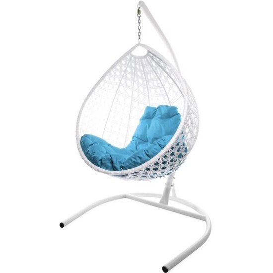 Подвесное кресло кокон M-group Капля с ротангом Люкс белый+голубая подушка