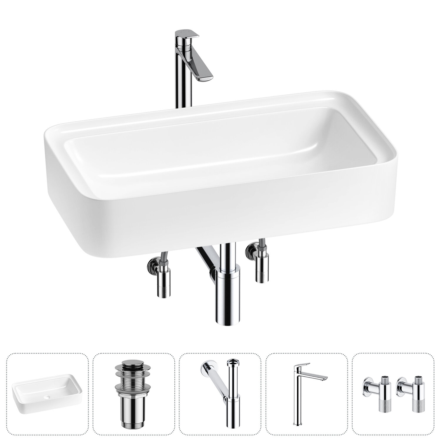 Накладная раковина в ванную комнату Lavinia Boho Bathroom Sink 20215344R в наборе 5 в 1: раковина 75 см в цвете белый глянец, донный клапан, сифон, смеситель, вентили