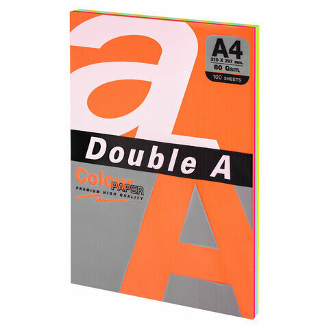 Бумага цветная DOUBLE A, А4, 80 г/м2, 100 л, 5 цветов x 20 л, микс интенсив