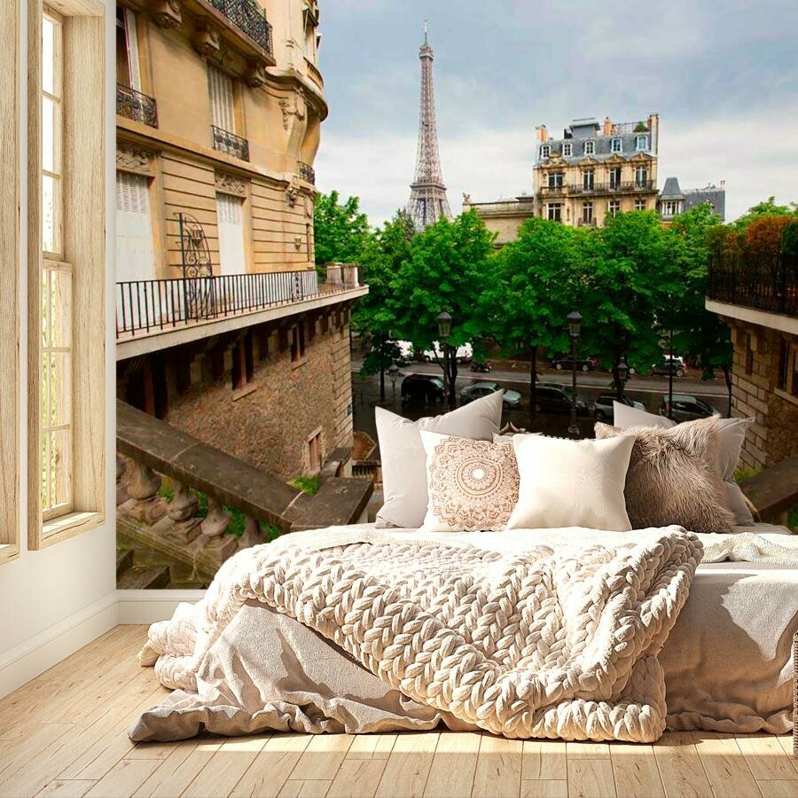 Фотообои Сквер Парижа с видом на Эйфелеву башню 9-786-S-Флок 270 x 200 см (ВхШ) Бесшовные, флизелиновые, влагостойкие обои MasterFresok
