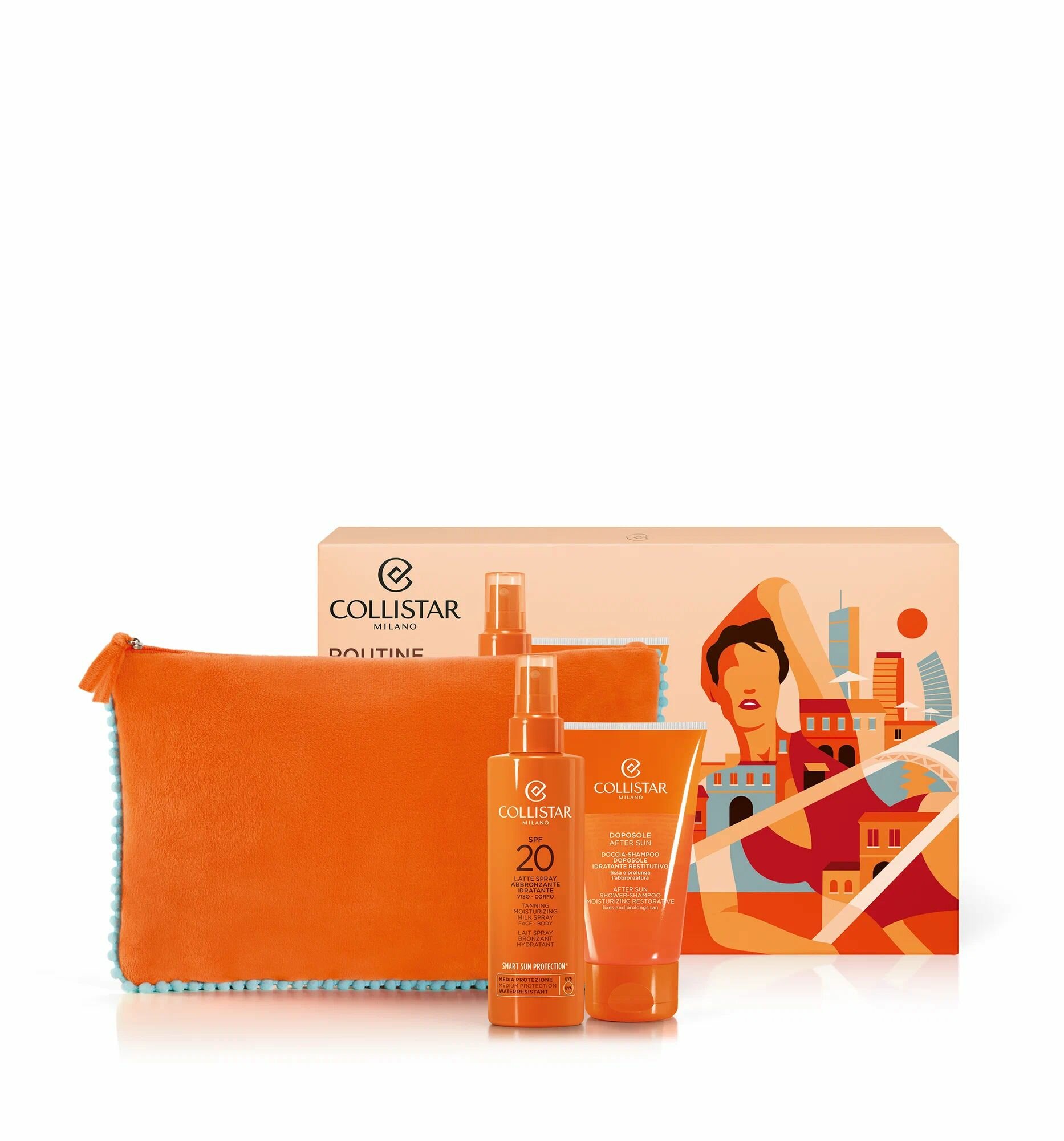 Collistar - Набор для суперзагара tanning moisturizing milk spray spf20 200 ml + After-sun shower shampoo 150 ml + Сумочка