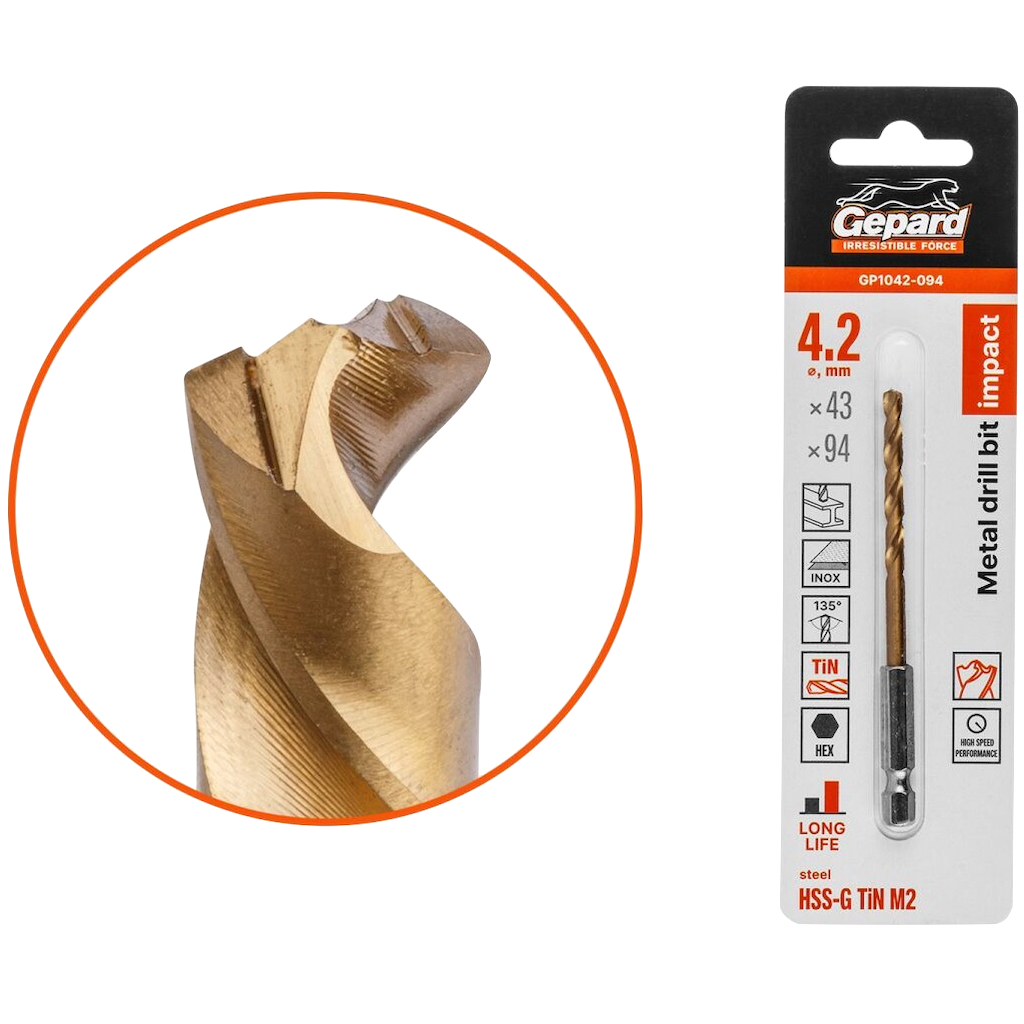 Сверло по металлу спиральное 4.2х43х94 мм GEPARD HSS-G TIN (GP1042-094)