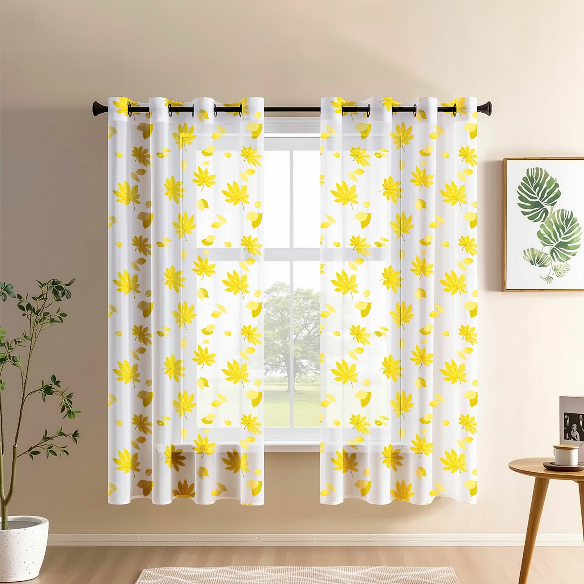 Тюль с рисунком для кухни короткий из двух полотен на люверсах (в комплекте 2 тюля шириной 140см каждое) арт КЛЕН-К-Л-260 выс 180 см цвет желтый