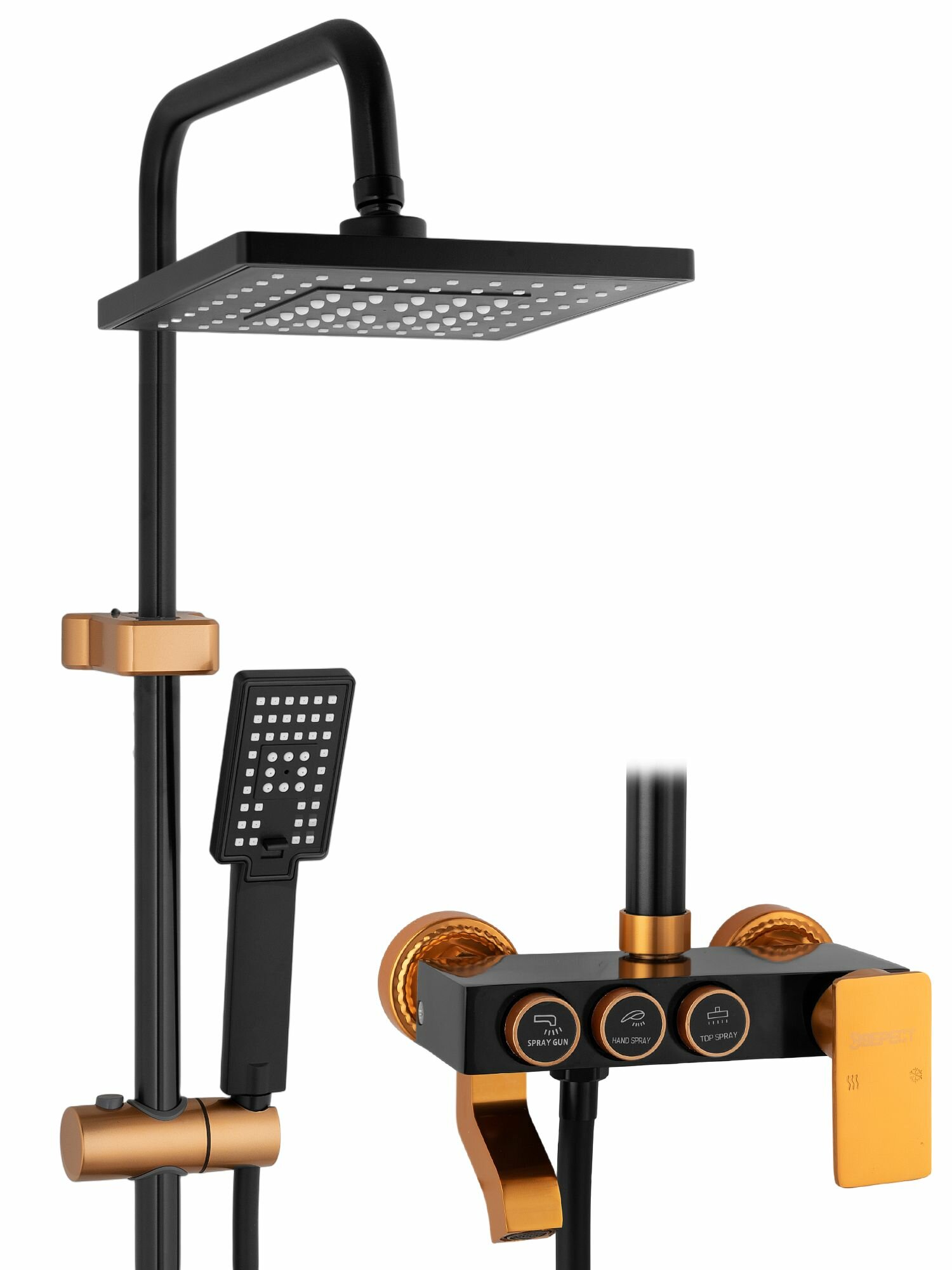 Душевая система с тропическим душем, со смесителем на кнопках, цвет черный с золотыми вставками