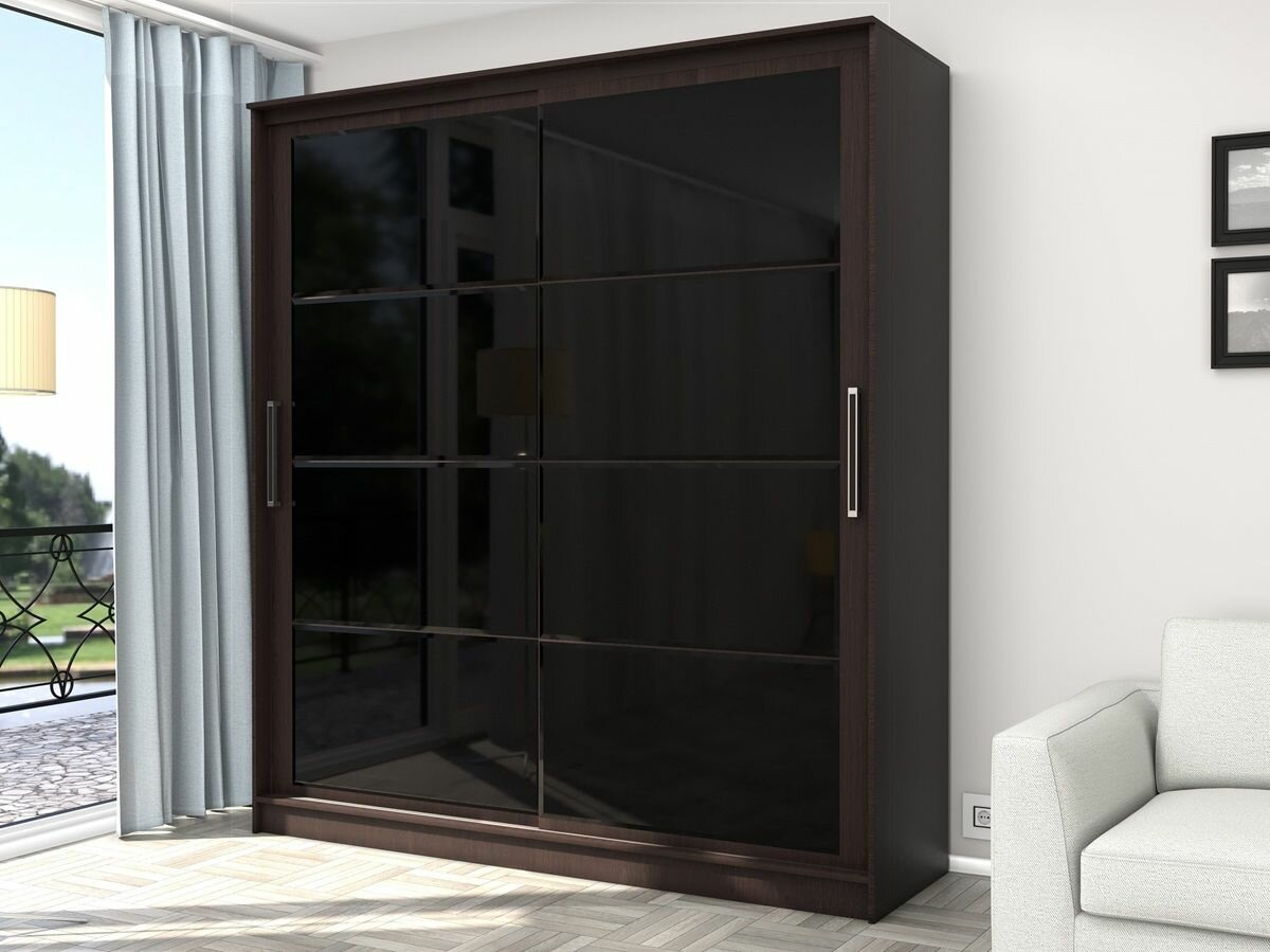 Шкаф-купе Гранд 1,6Венге/ Лакобель черный ЛДСП, с ящиками, полками штангой для дома 1602х2200х615 мебельный РАЙ