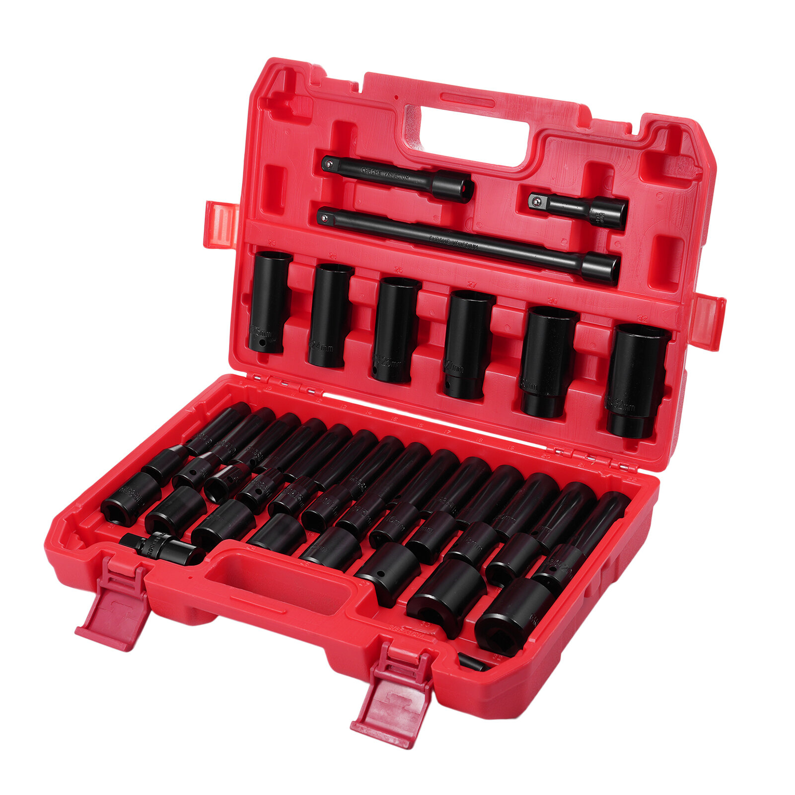 Набор метрических ударных гаечных ключей 1/2 дюйма 45 штук, глубинные и неглубинные, размеры 9мм-32мм, из хромванадиевого стали, штанги-расширения, универсальный шарнир, адаптер, электрофоретическое покрытие, гравировка спецификации, красный BMC кейс
