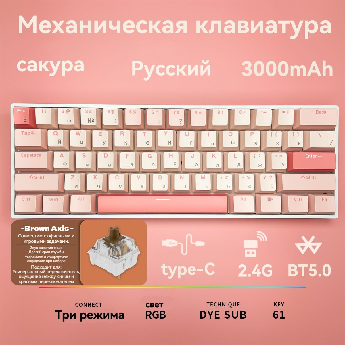 Механическая клавиатура Gehowesy HW61, 61 клавиша, RGB-подсветкой, Bluetooth 5.0