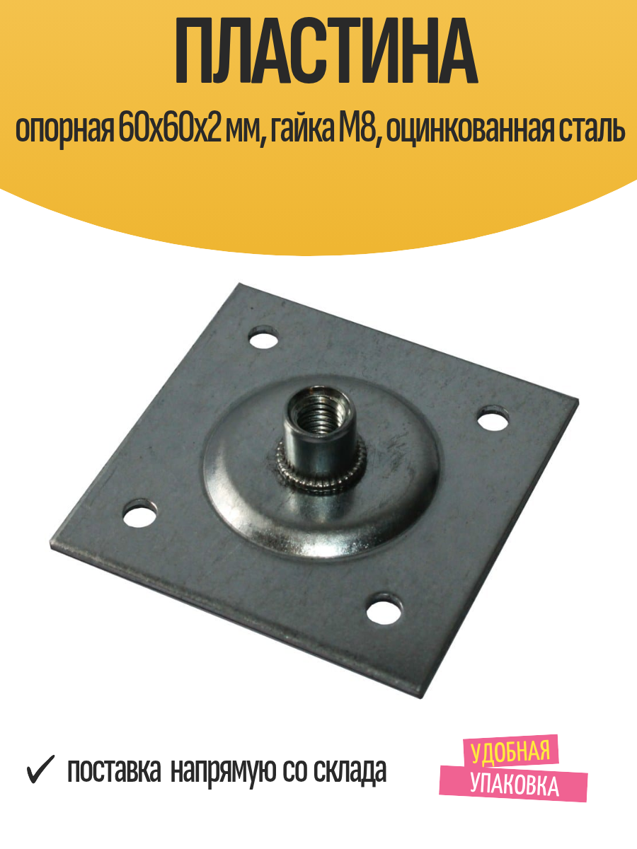 Пластина опорная крепежная 60x60x2 мм, гайка M8, оцинкованная сталь