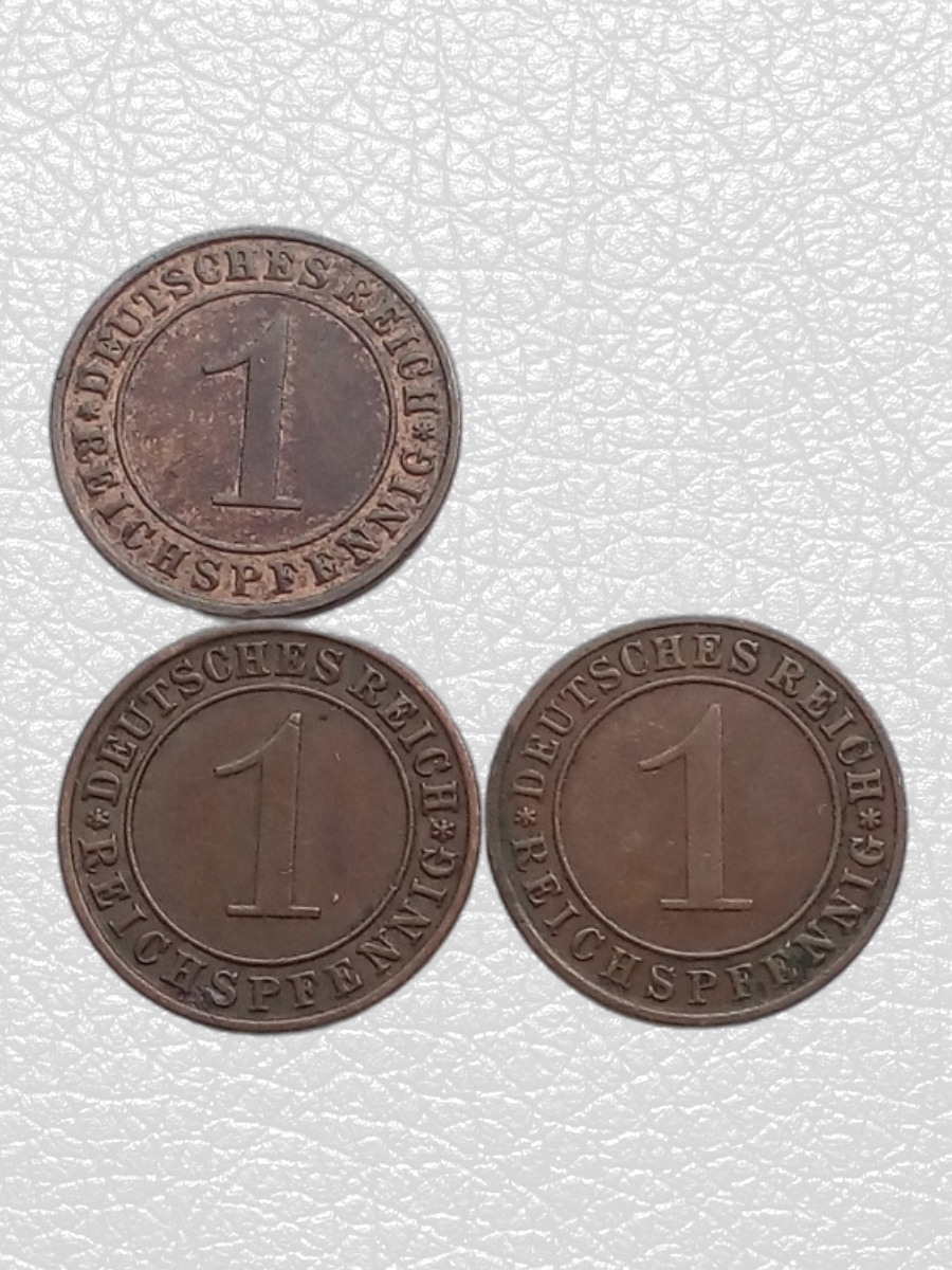 Германия, 1 пфенниг 1935 F (остатки штемпельного блеска), 1936 J, 1936 D. 3 шт.