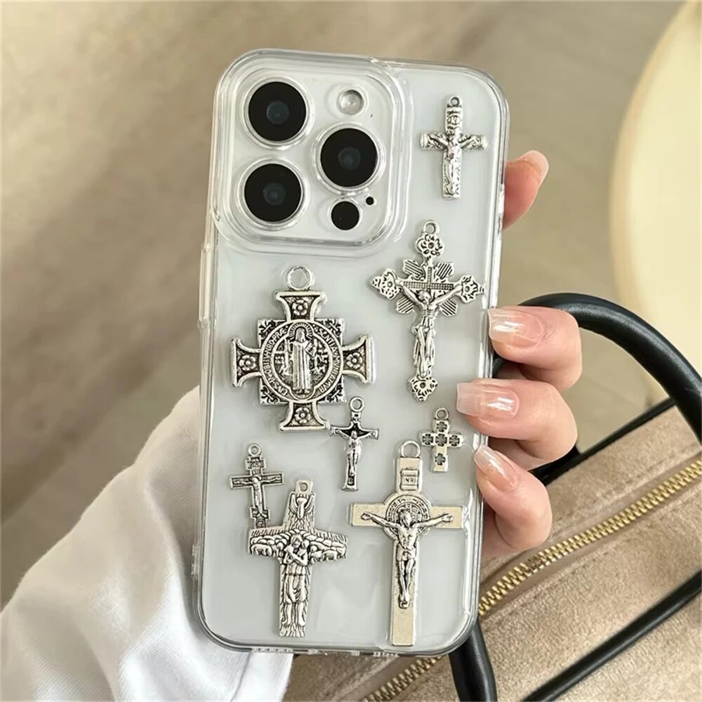 Ретро готический 3D металлический крестовый чехол для телефона для iphone 17 16 15 13 12 11 Pro Max 14 Plus Cool Angel Lens Protect Epoxy Clear Cover — фото 1