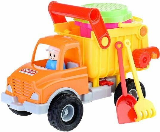 Песочный набор № 143, в комплекте грузовик самосвал, ведерко, лопатка, грабли и фигурка, детские пластиковые игрушки для песочницы
